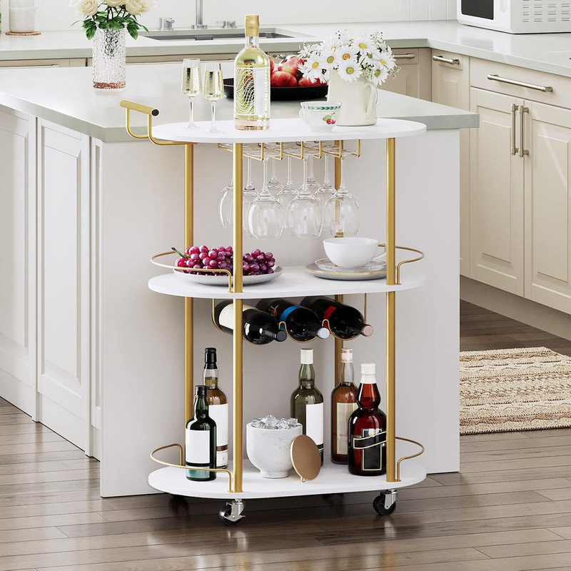 Everly Quinn 3-Tier Home Bar Cart with Lockable Wheels - Rolling ...