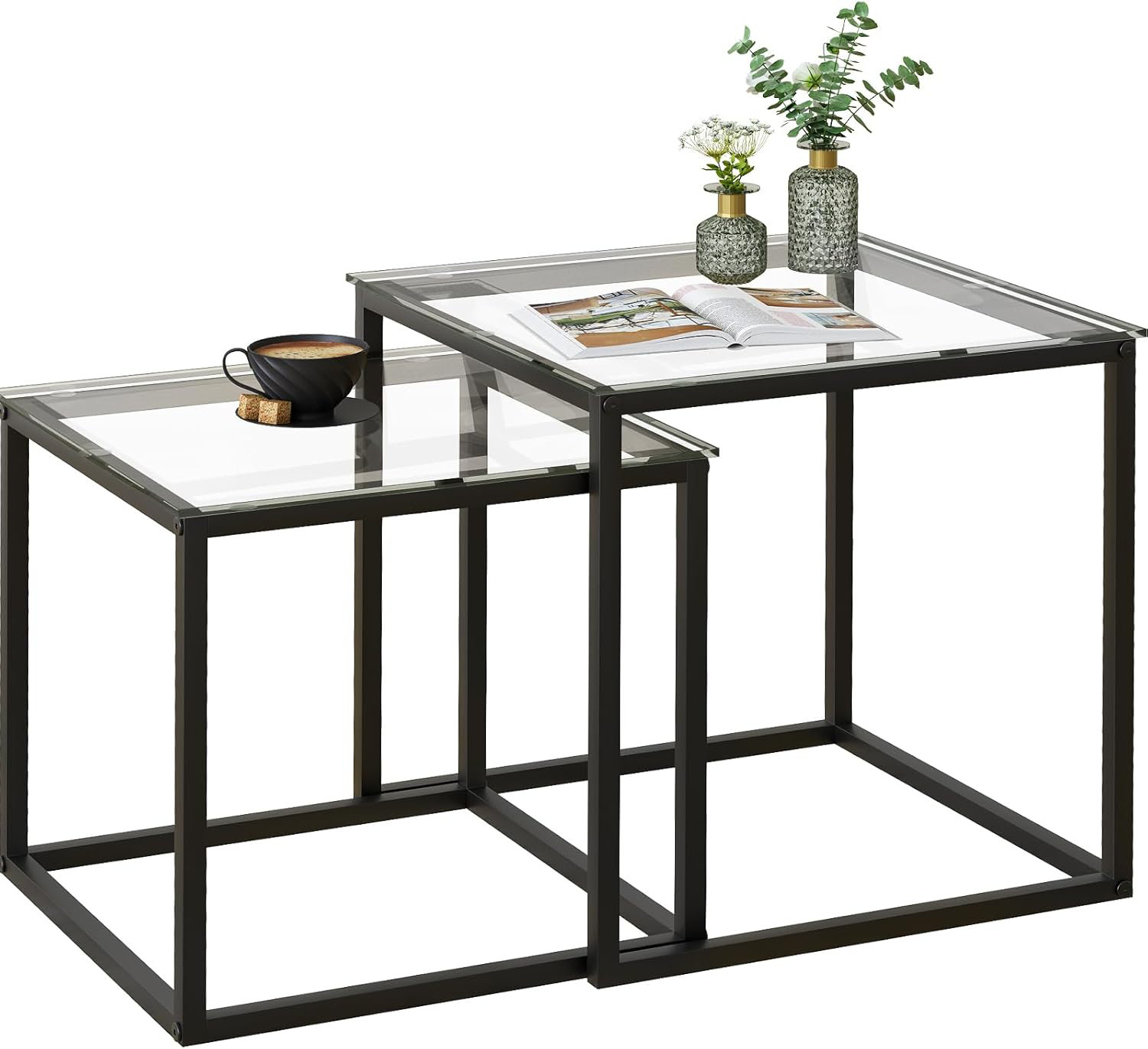 Latitude Run® Coffee Table Set Of 2, Modern Black Glass Side Table ...