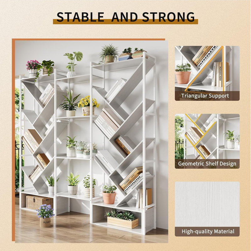 17 Stories Triple 5-Tier Industrial Tree Bookshelf with 20 Open Shelves ...