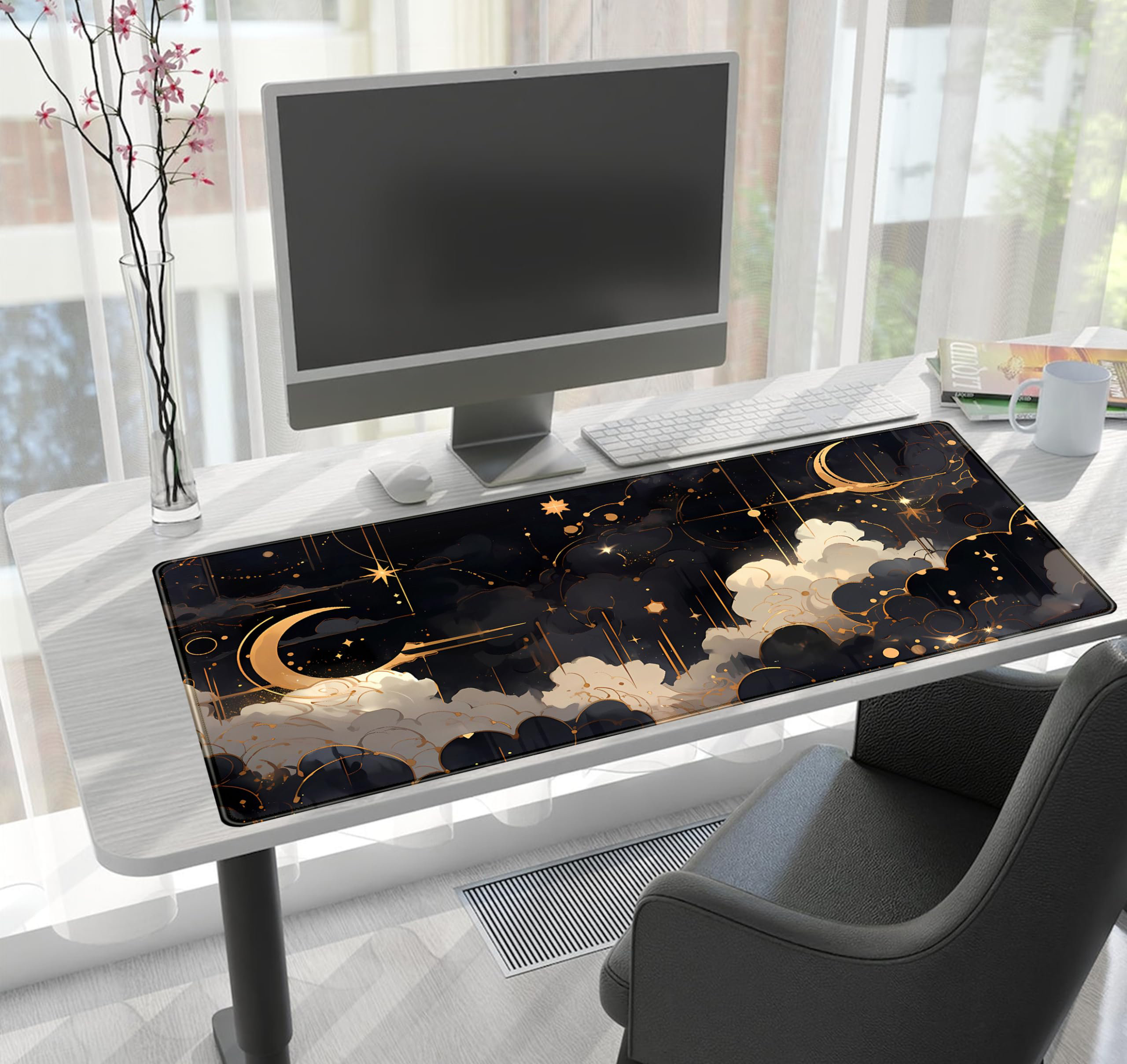 East Urban Home Leycester Black And Gold Celestial Desk Mat XXL Extended Gaming Mouse Pad Large ...