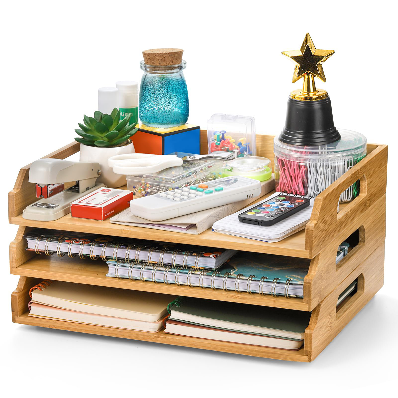 Gracie Oaks 3 Pack Stackable Paper Trays, Bamboo Desk Letter Tray Set ...