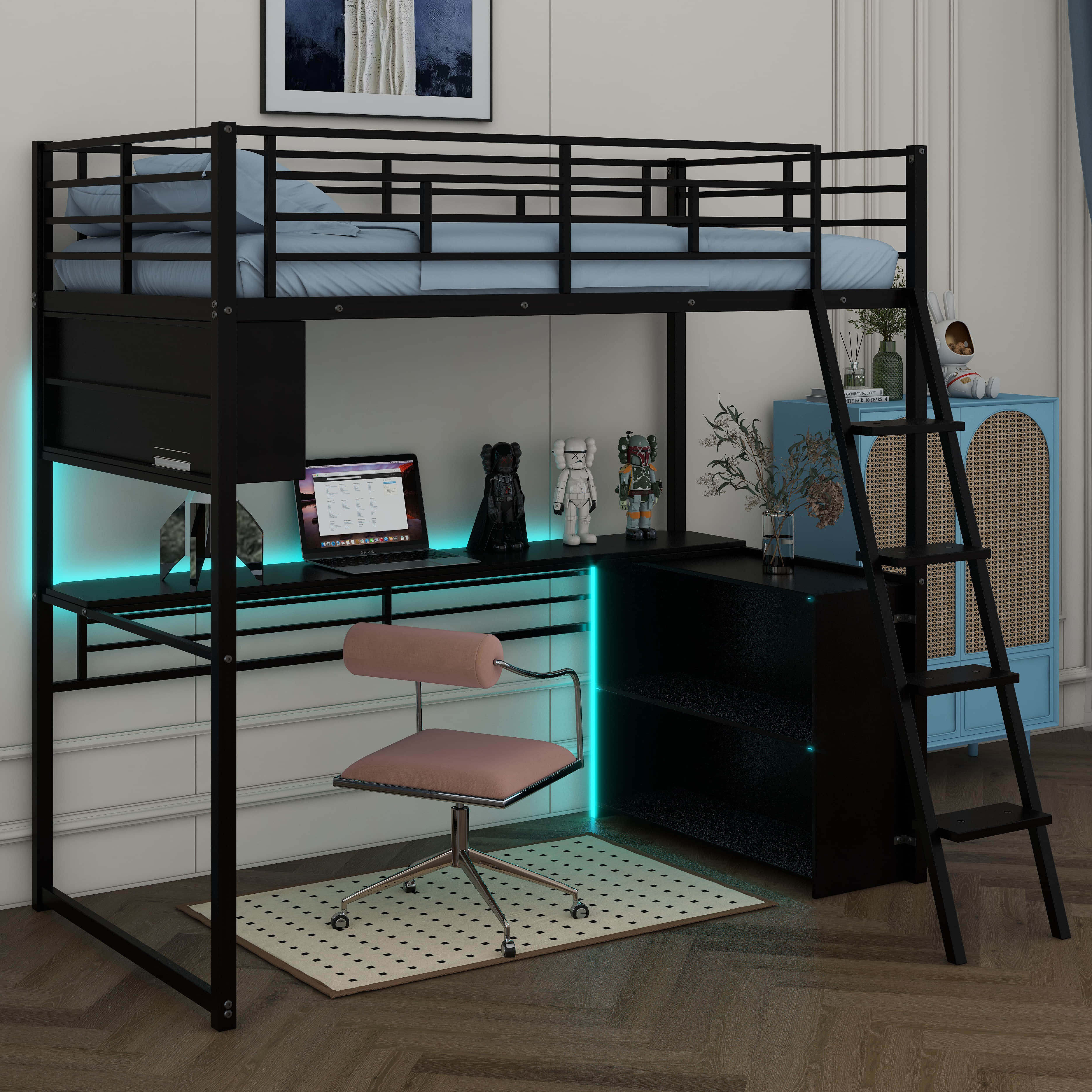 Harriet Bee Metal Loft Bed With Desk And LED Lights, Loft Bed With L ...
