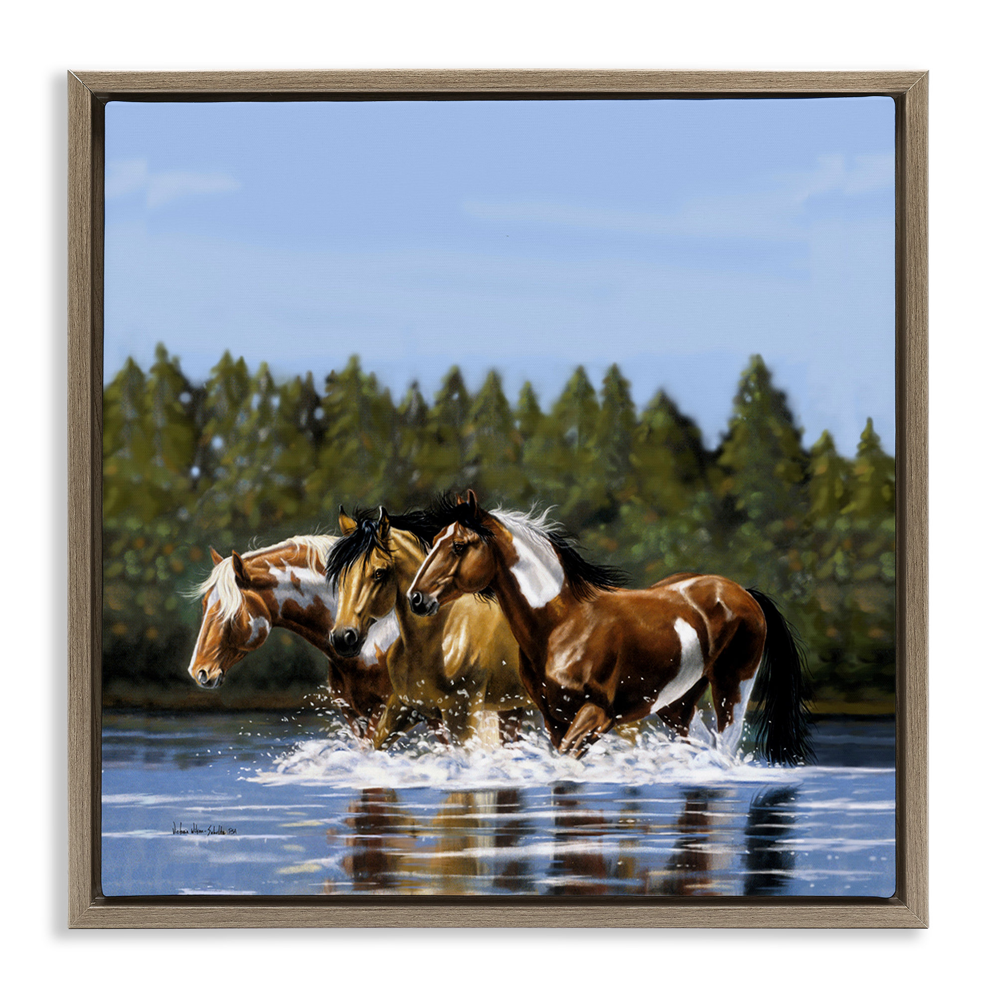 Red Barrel Studio® Horses Upstream Splashing Framed Floater Canvas Wall ...