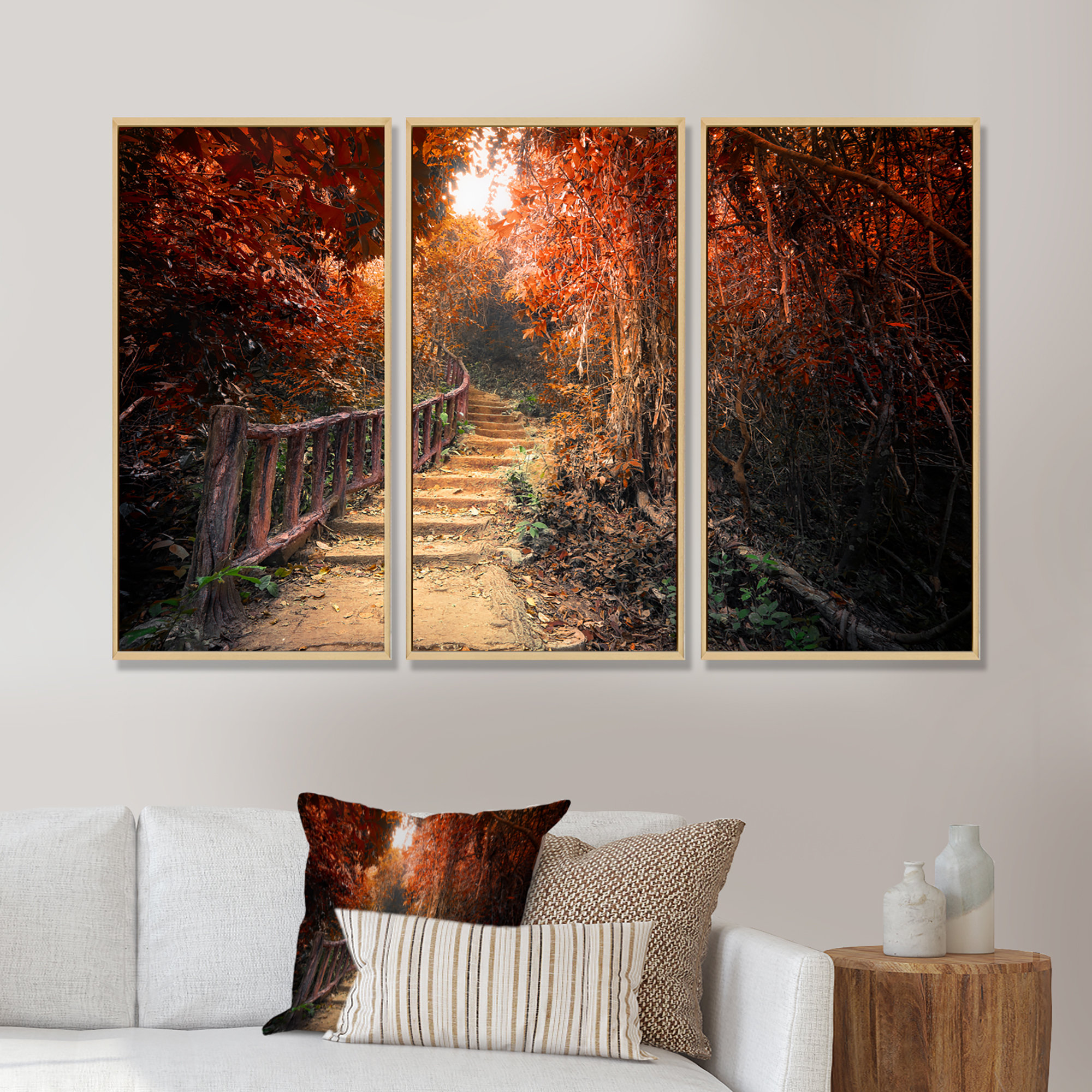 Loon Peak® Stairway Through Red Fall Forest - Landscape Framed Canvas ...