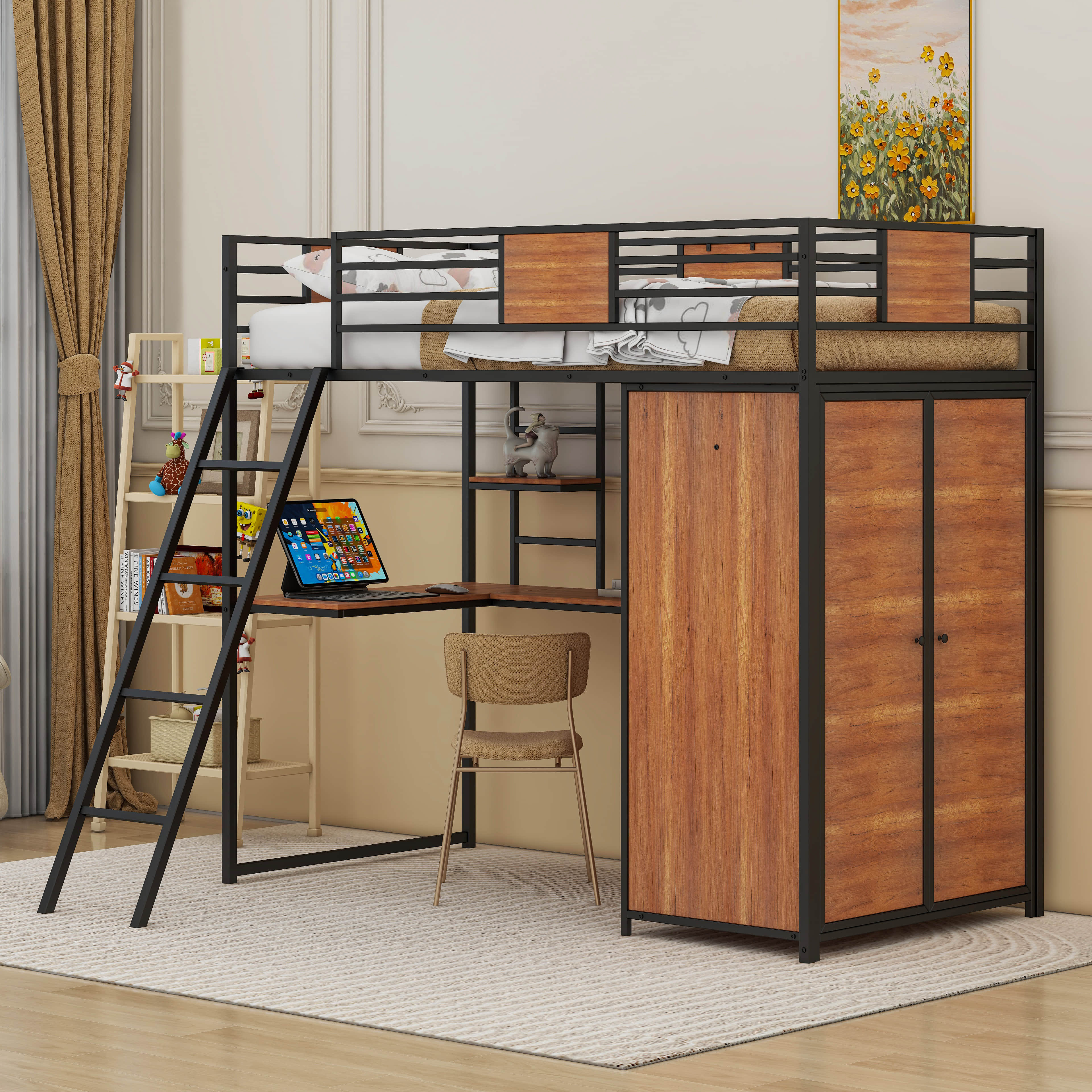 Cosmic Twin Size Loft Bed With L-Shape Desk And Wardrobe | Wayfair