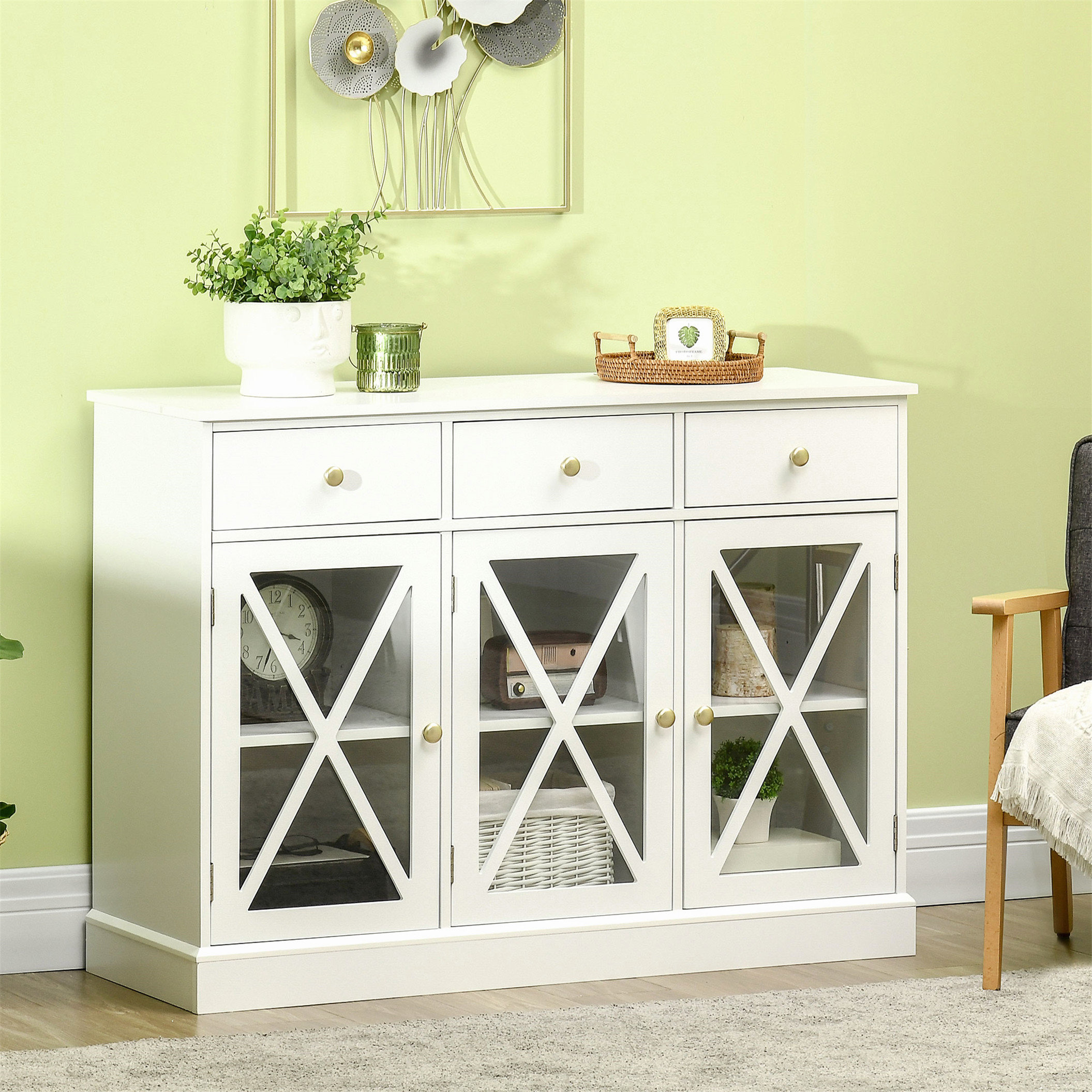 Ebern Designs Farmhouse Style Sideboard Buffet Cabinet with Glass Doors and Drawers for ...