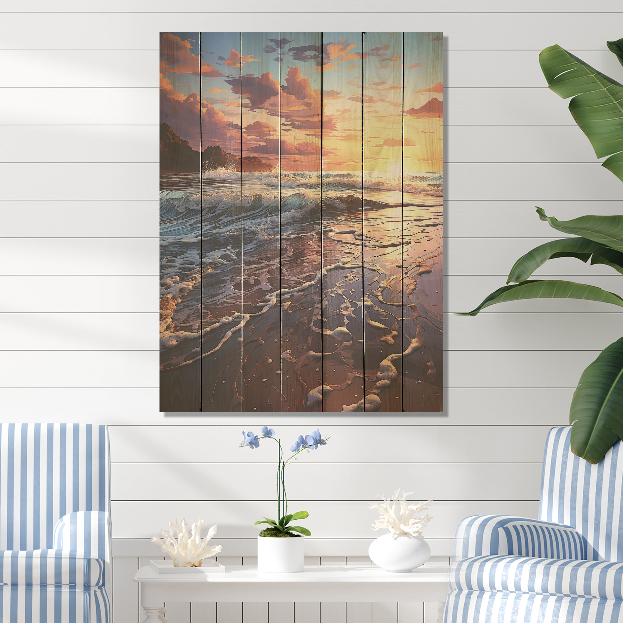 Highland Dunes Beachside Sunset Horizon IV - Beach On Wood Print | Wayfair