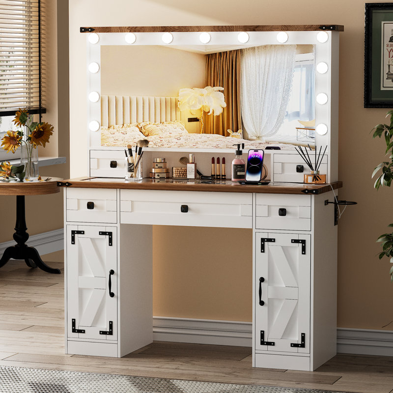 Gracie Oaks Kukulski 45'' Farmhouse Makeup Vanity Desk with Mirror and ...