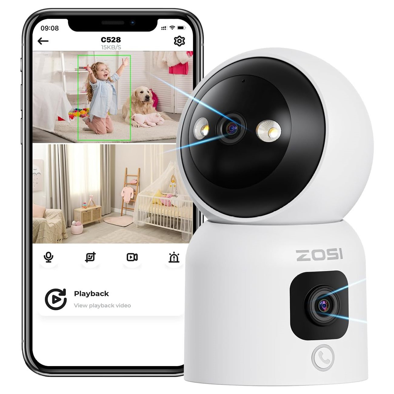 ZOSI 2MP Dual-Lens Indoor Security Camera, 360° PTZ Baby/Pet Monitor ...