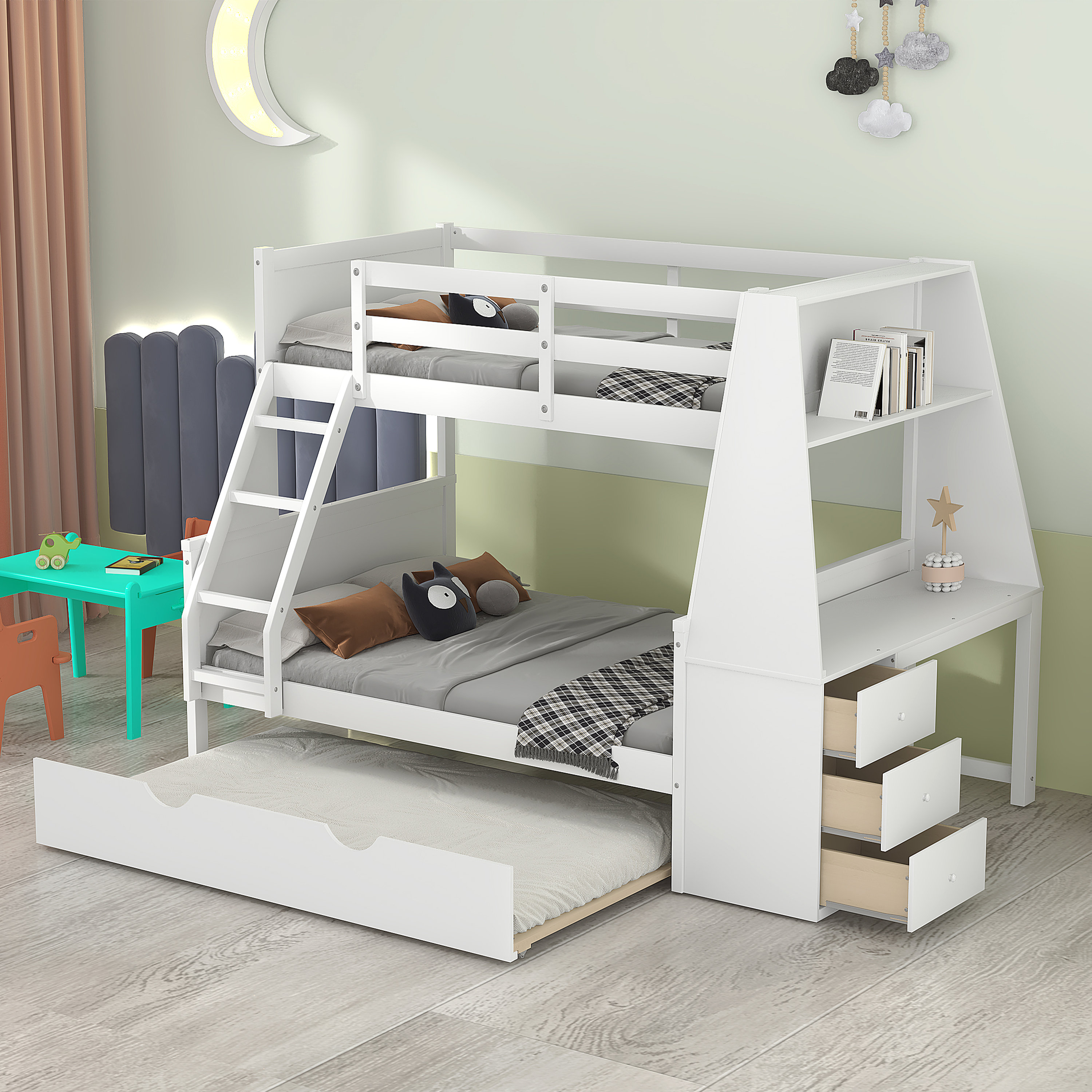 Harriet Bee Hattenbrun Kids Twin Over Full Bunk Bed with Trundle with ...