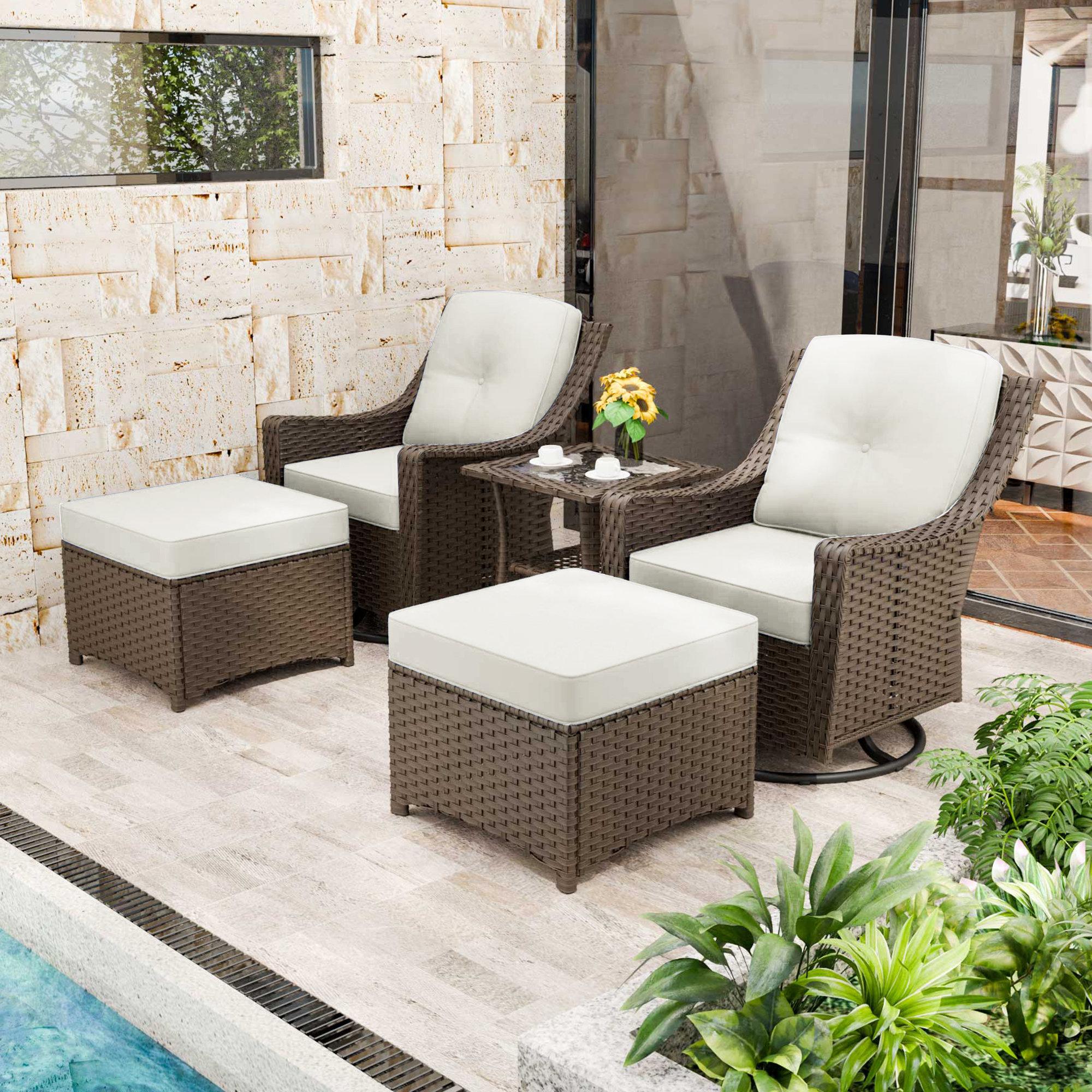 Lark Manor™ 5-Piece Outdoor Patio Set with 2 Swivel Chairs, 2 Ottomans ...