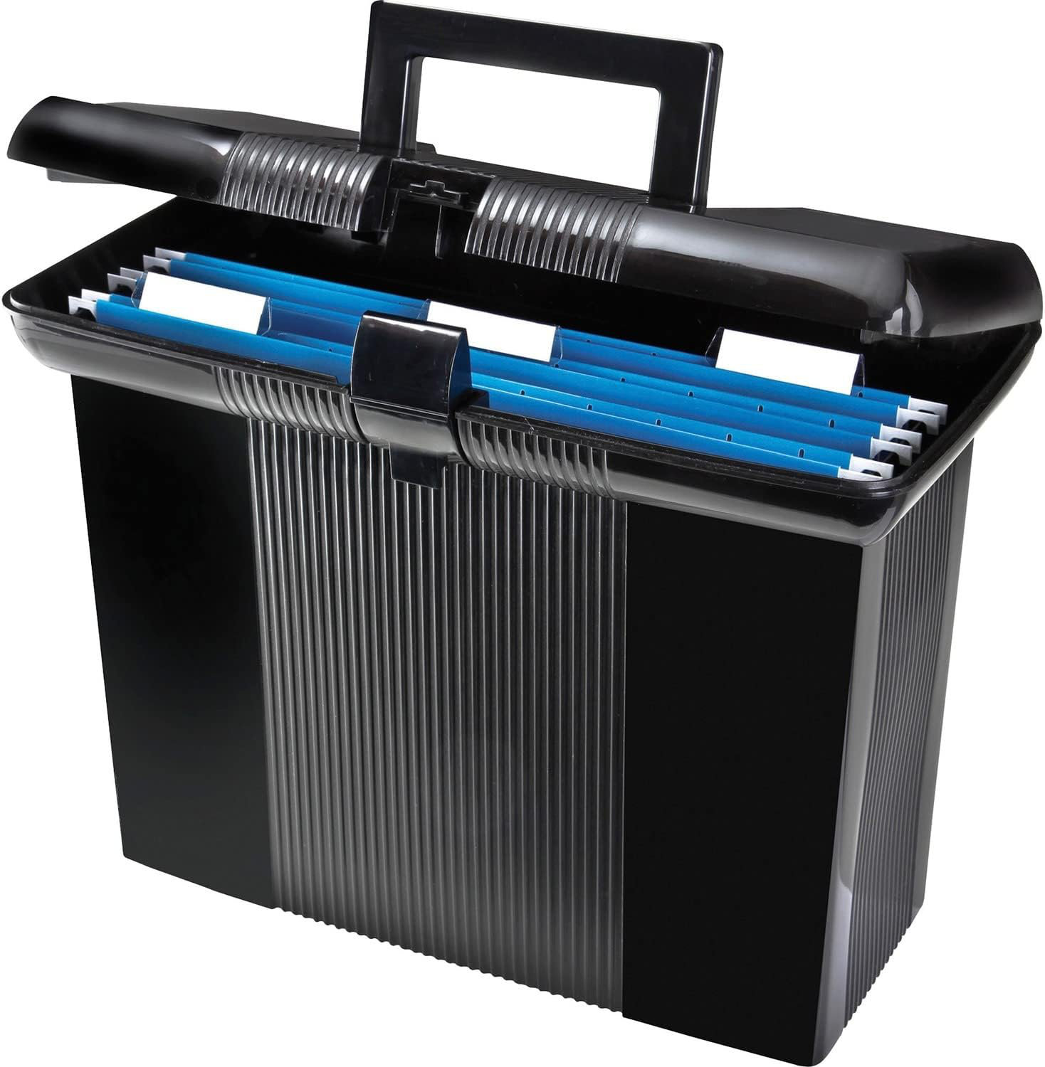 Artmeer Portable File Box with File Rails, Hinged Lid with Double Latch Closure, Black, Includes ...