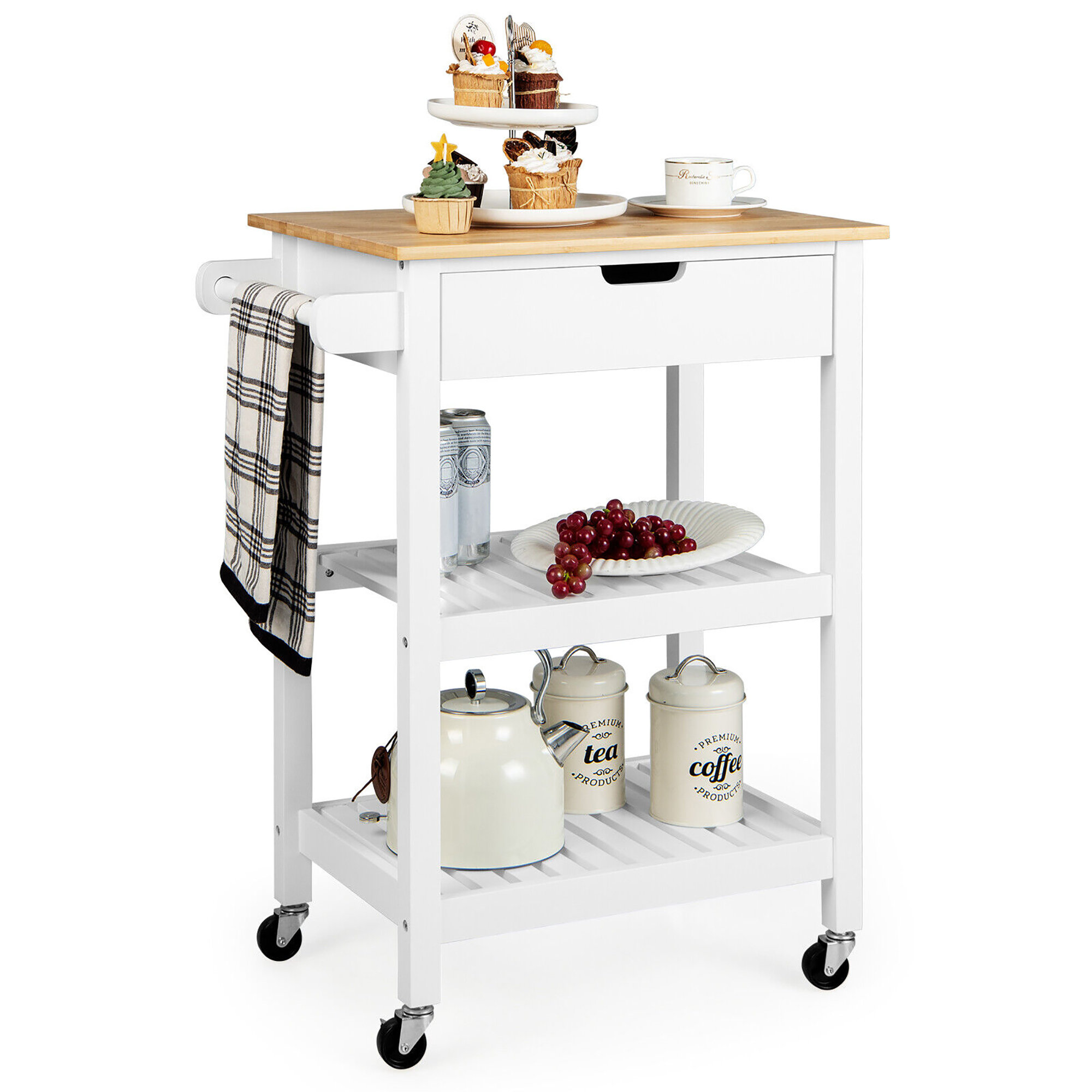 Winston Porter Analisse Rolling Kitchen Cart with Solid Wood Top ...
