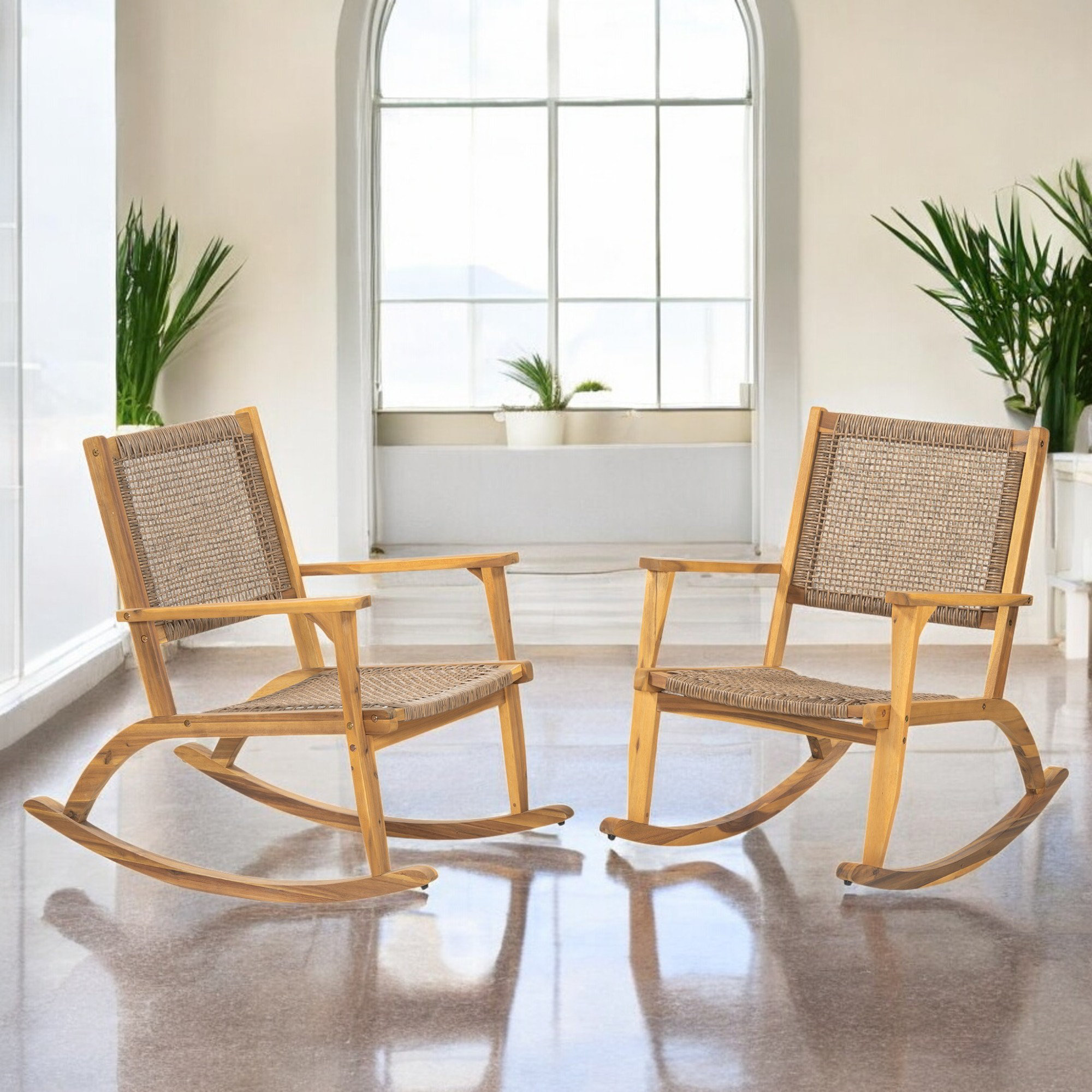 Latitude Run® Outdoor Acacia Wood Rocking Chair Set (Set Of 2) | Wayfair