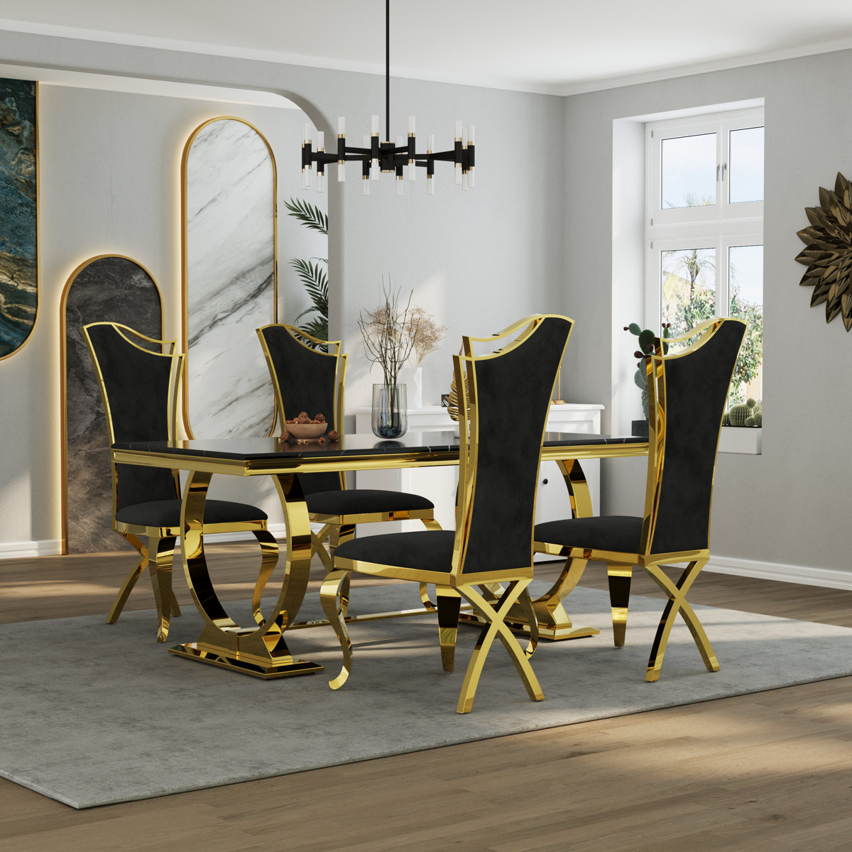 Everly Quinn Luxury Black And Gold Dining Table Set With 4 Black Velvet ...