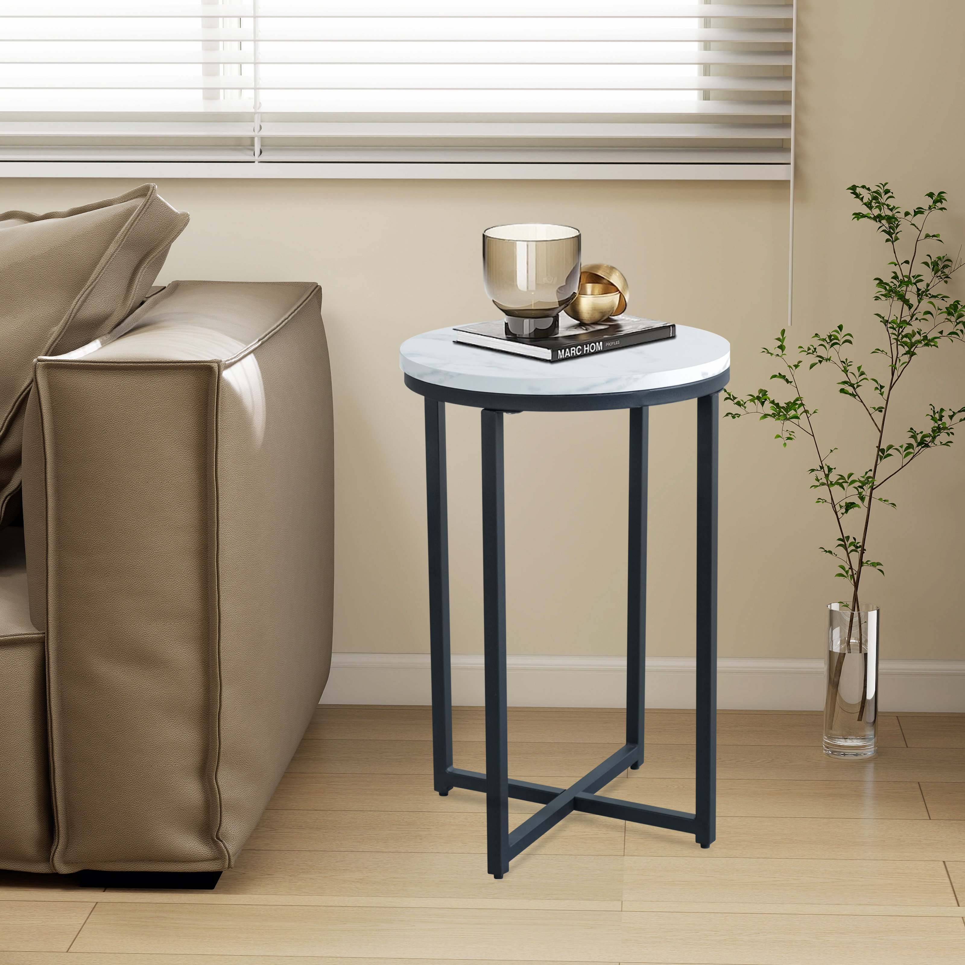 Wrought Studio™ Faux Marble Round Top End Table | Wayfair