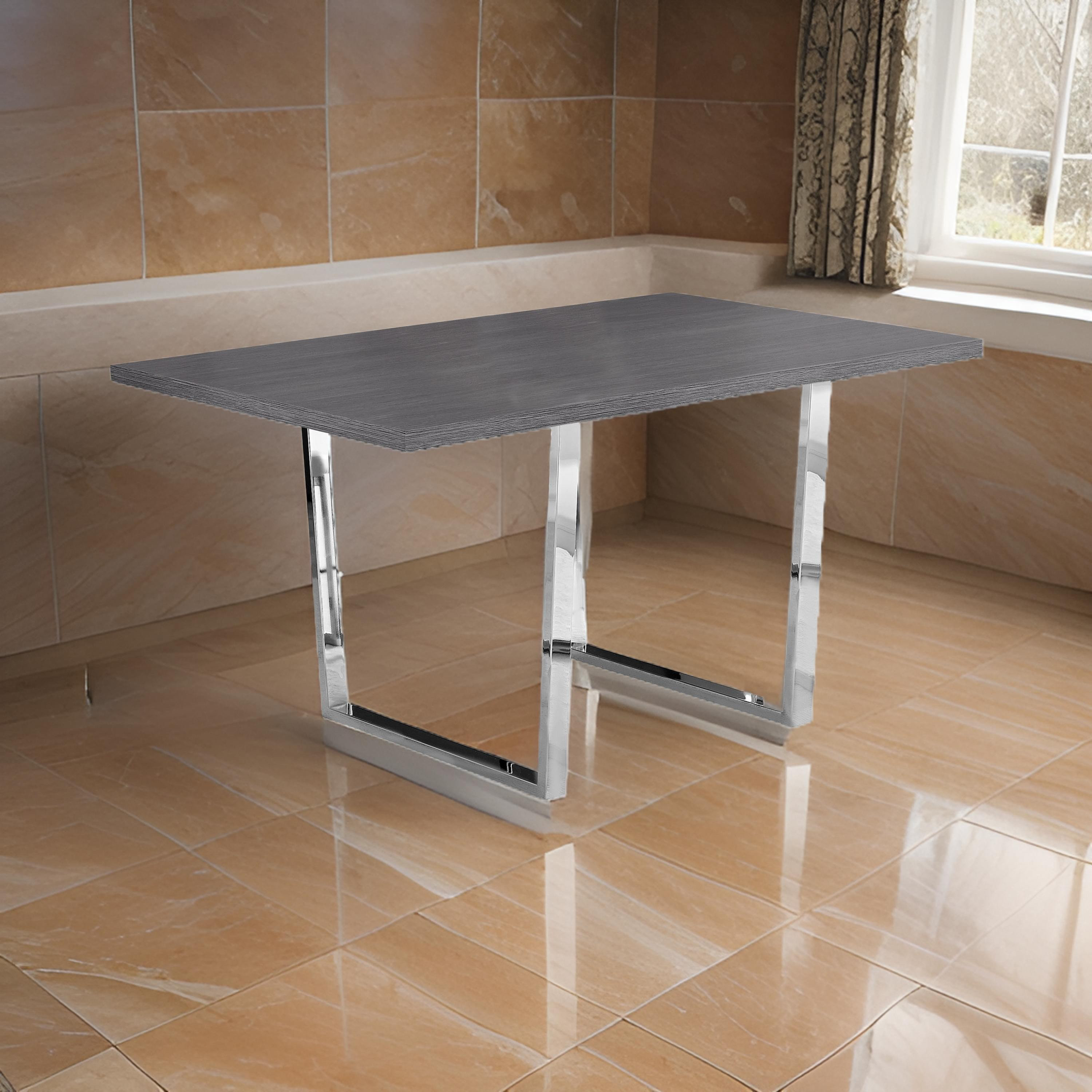 Benjara Lane Dining Table, 60 Inch Rectangular Laminate, Chrome Metal ...