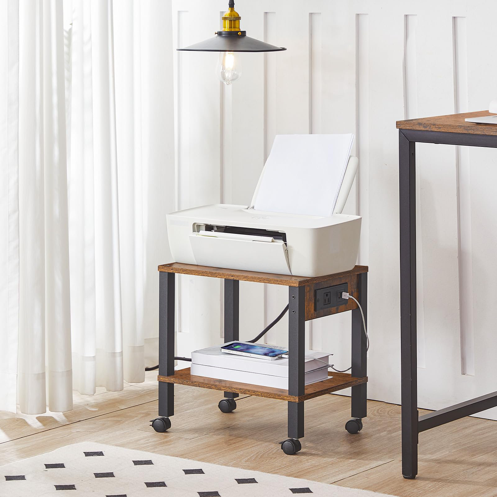 COAHAHA Rustic Brown Printer Stand With Power Socket - Space-Saving ...