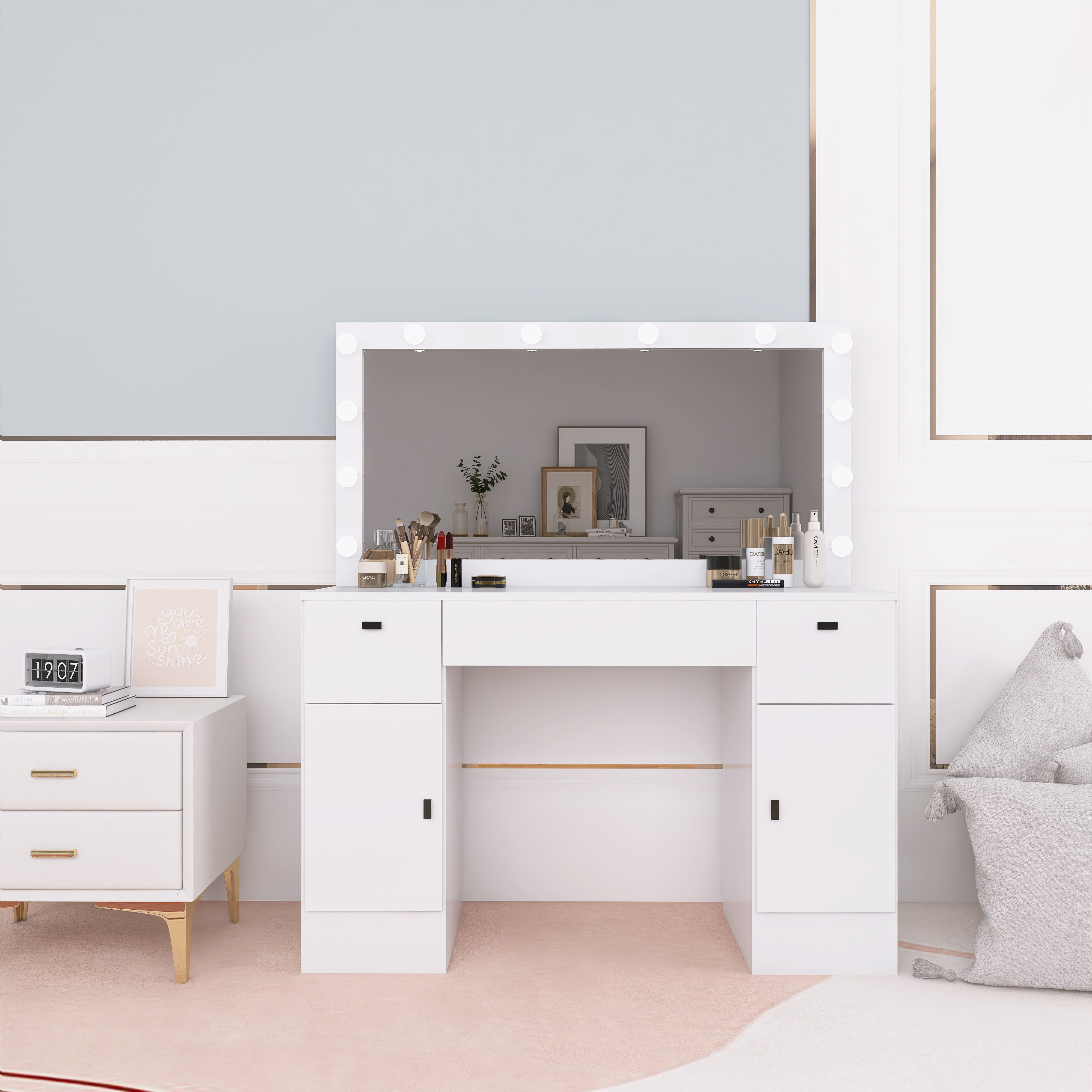 Bossicavelly Makeup Vanity Table With Lighted Large Mirror and 3 ...