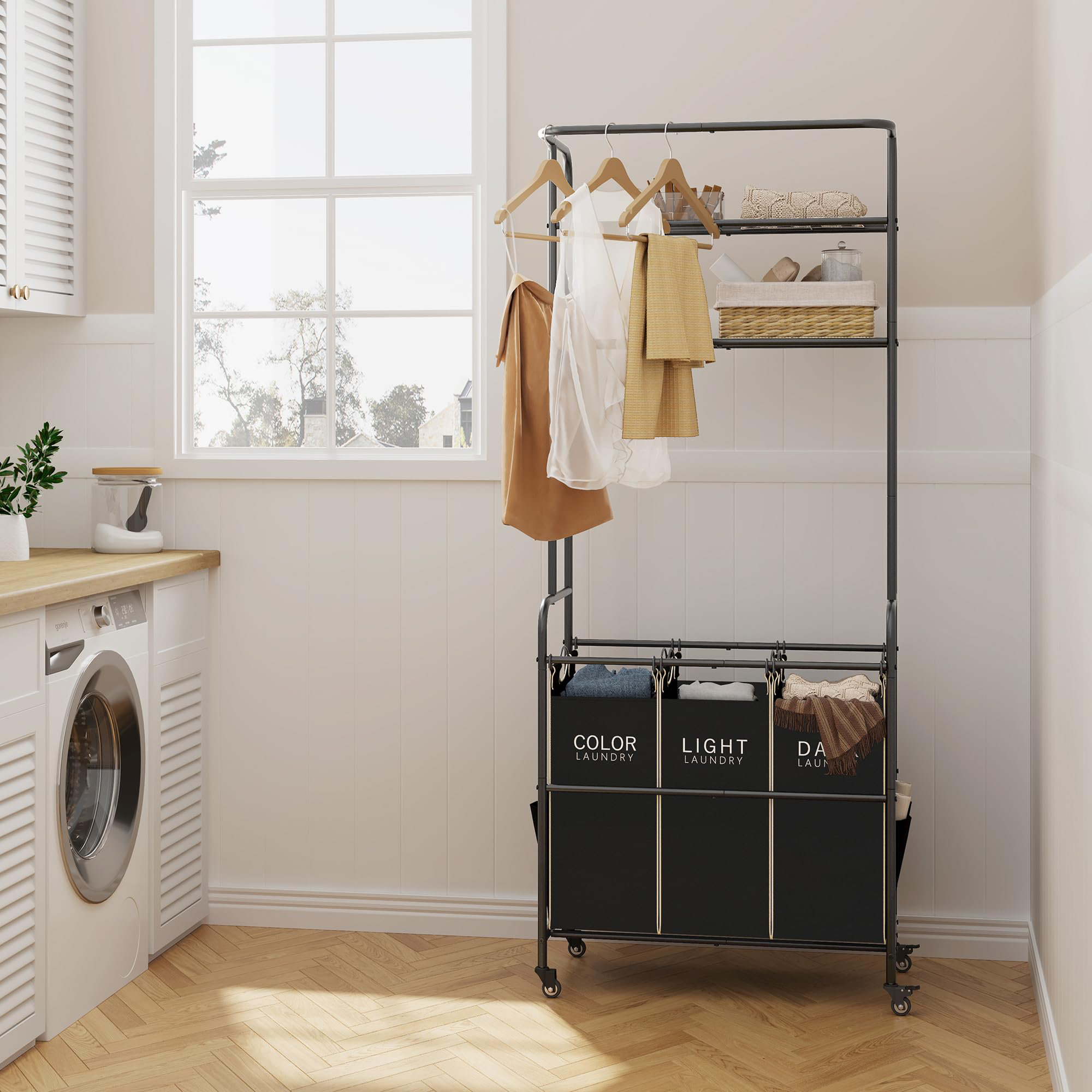 COAHAHA 3-Section Laundry Sorter Cart With Hanging Rack, Rolling ...