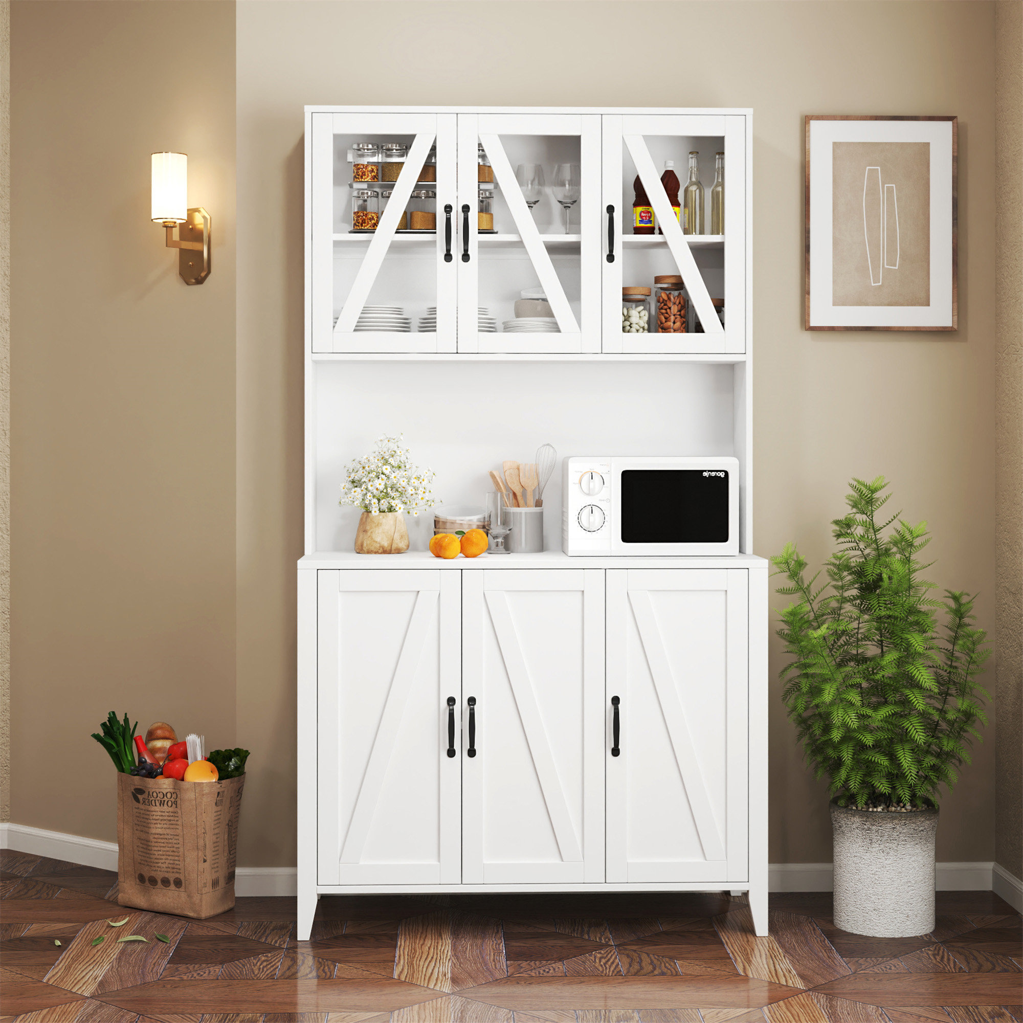 Gracie Oaks Large Kitchen Pantry Storage Cabinet With Glass Doors | Wayfair