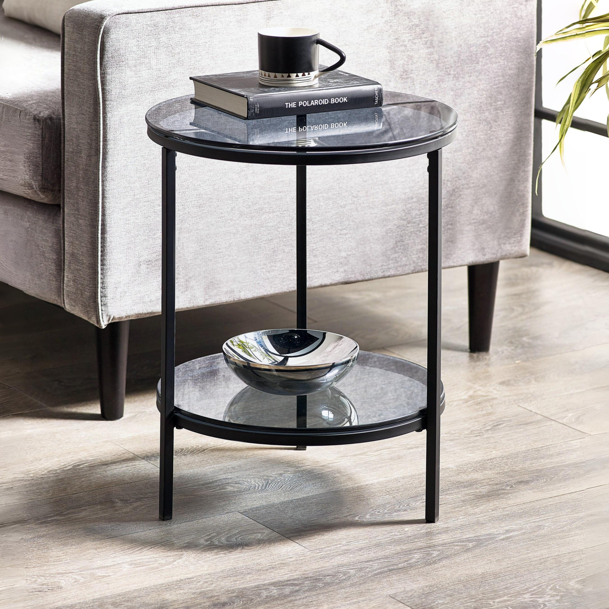 17 Stories CHICAGO CIRCULAR LAMP TABLE WITH SHELF - SMOKED GLASS ...