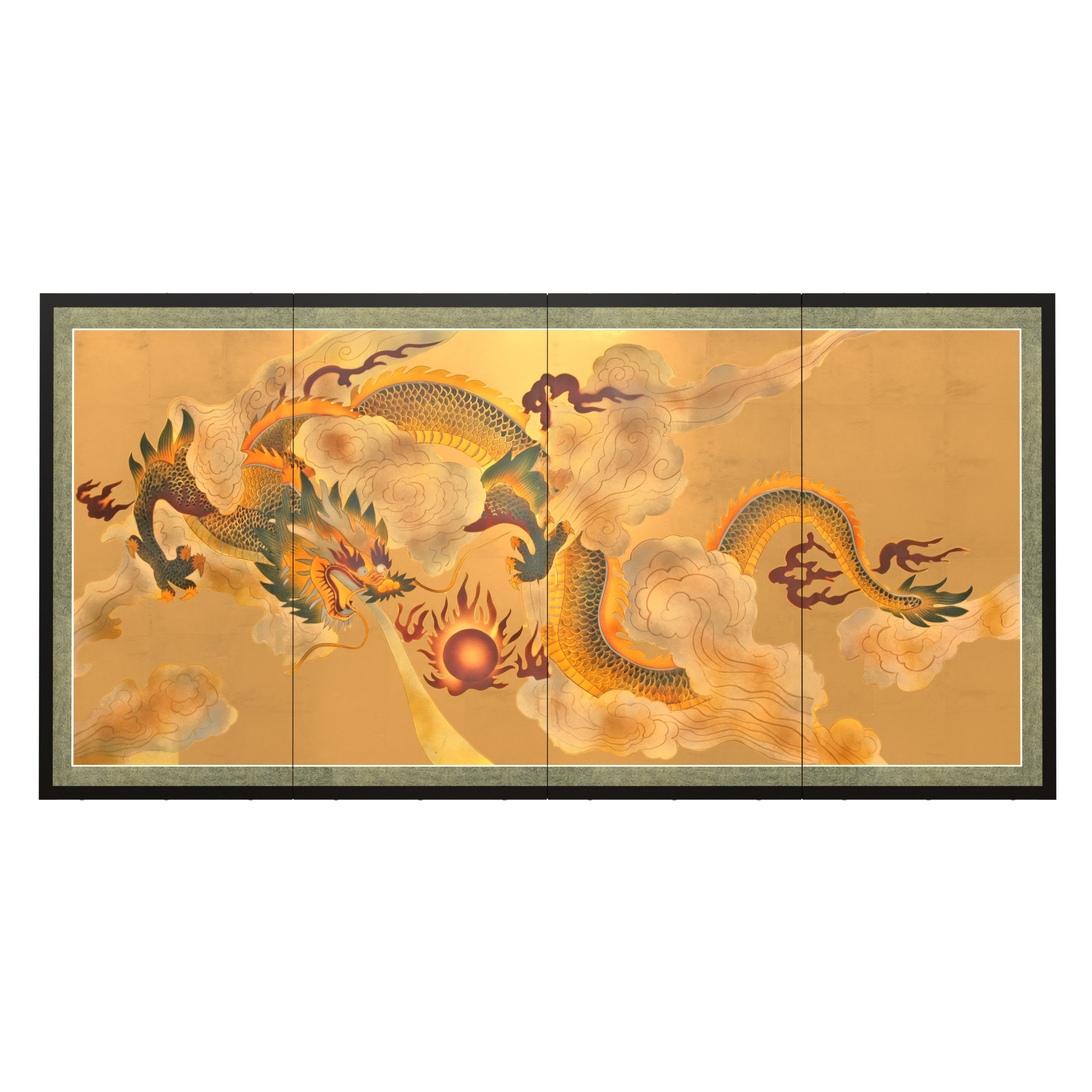 Oriental Furniture 36" x 72" Gold Leaf Dragon In The Sky On 4 Panel ...