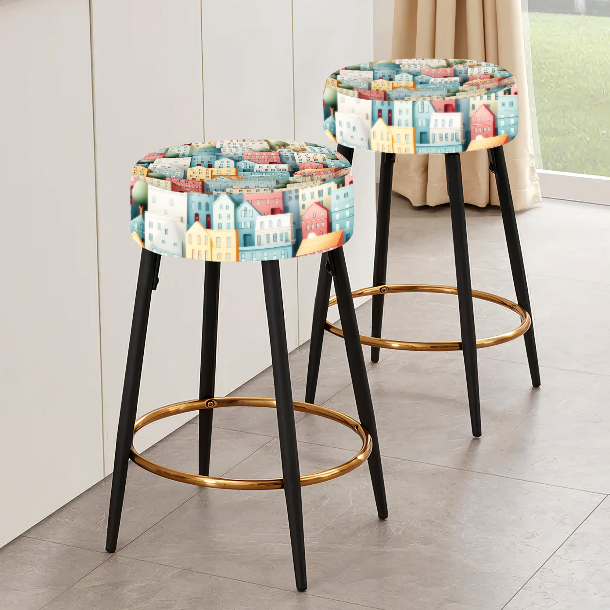 Design Art Urban Buildings In Soft Pastel Colors - Abstract Bar Stools ...