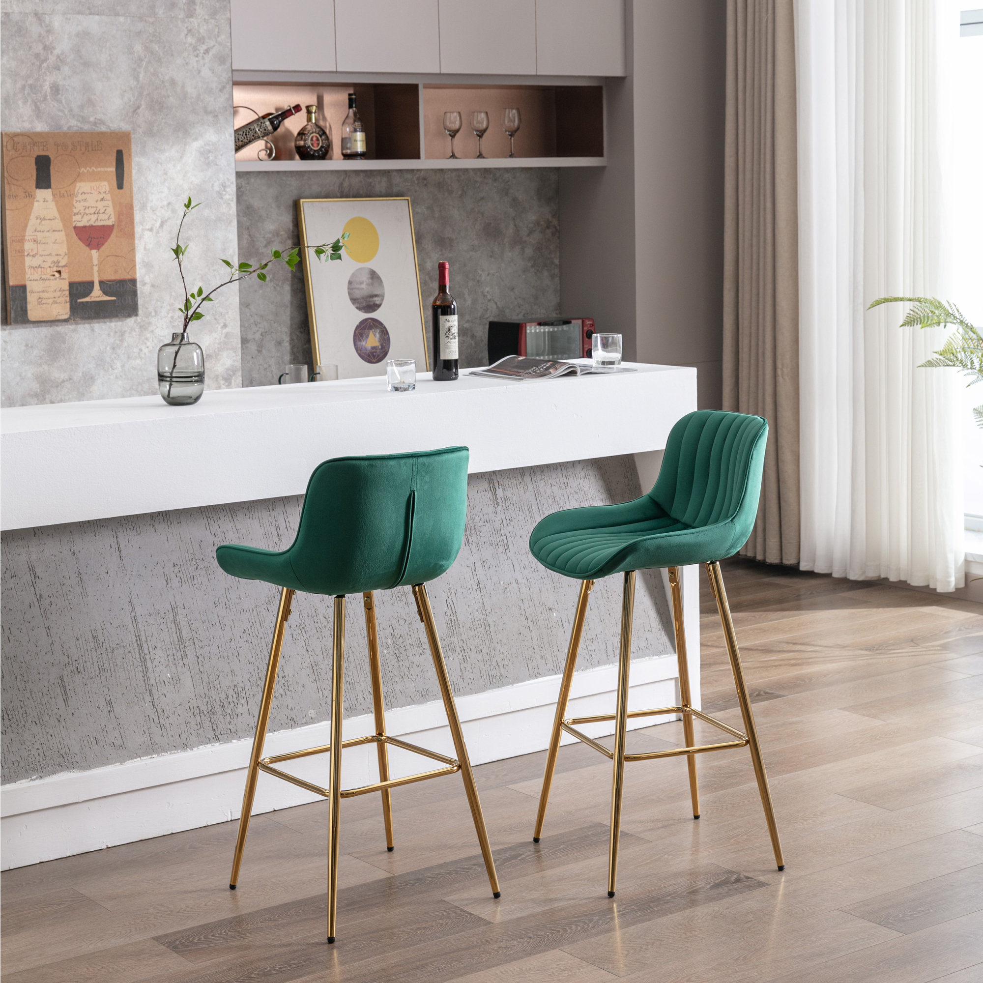 Mercer41 Elegant 30 Inch Green Velvet Bar Stools With Chrome Footrest ...
