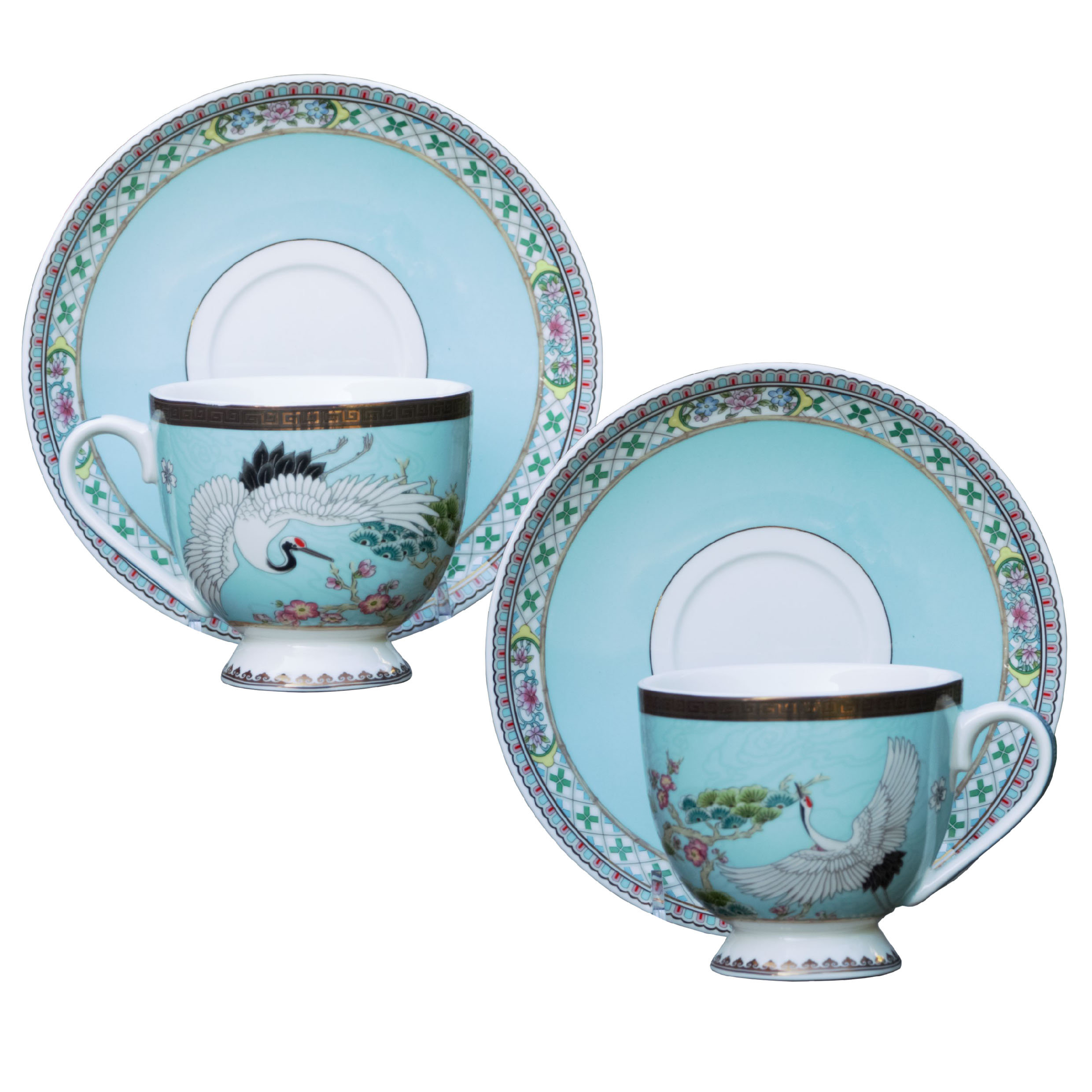 Grace's Tea Ware Crane Pine Tree Blue Footed Tea Cup And Saucer, Set Of ...