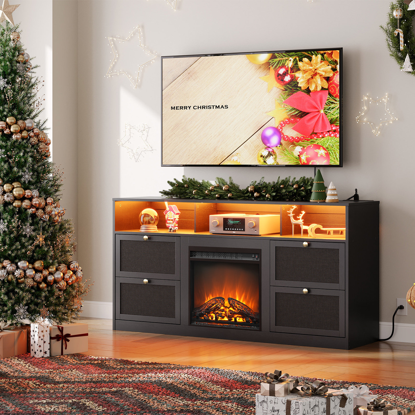 Wrought Studio™ Modern LED Fireplace TV Stand with Charging Station and ...