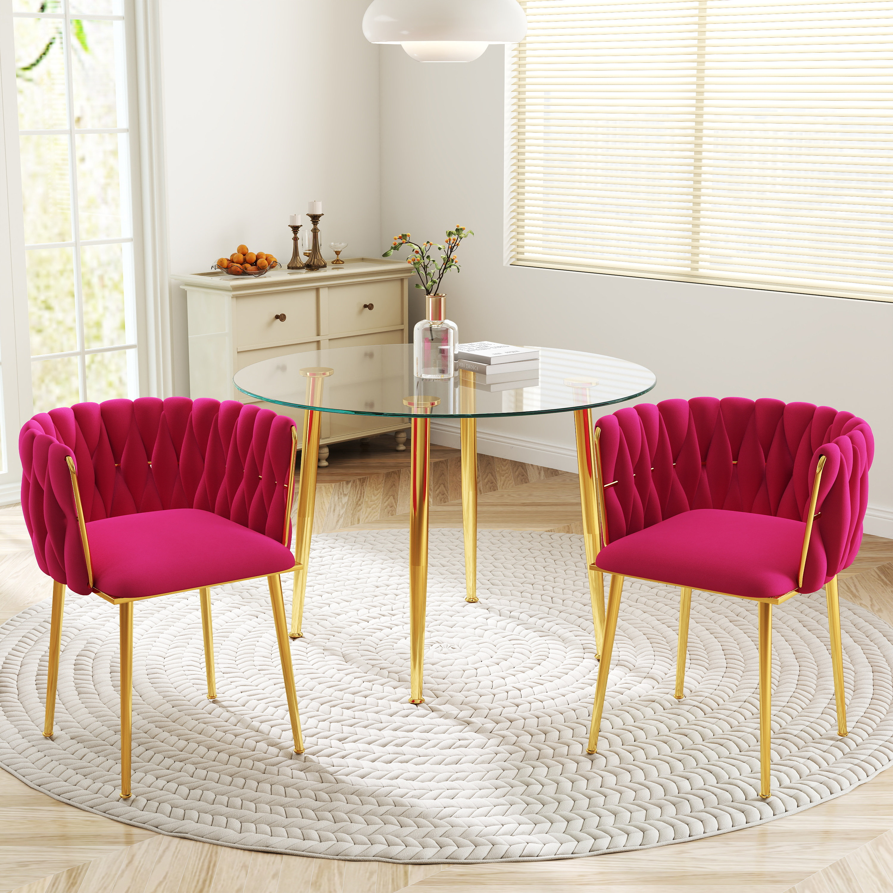 Mercer41 Round Tempered Glass Dining Set with Woven Dining Chair ...