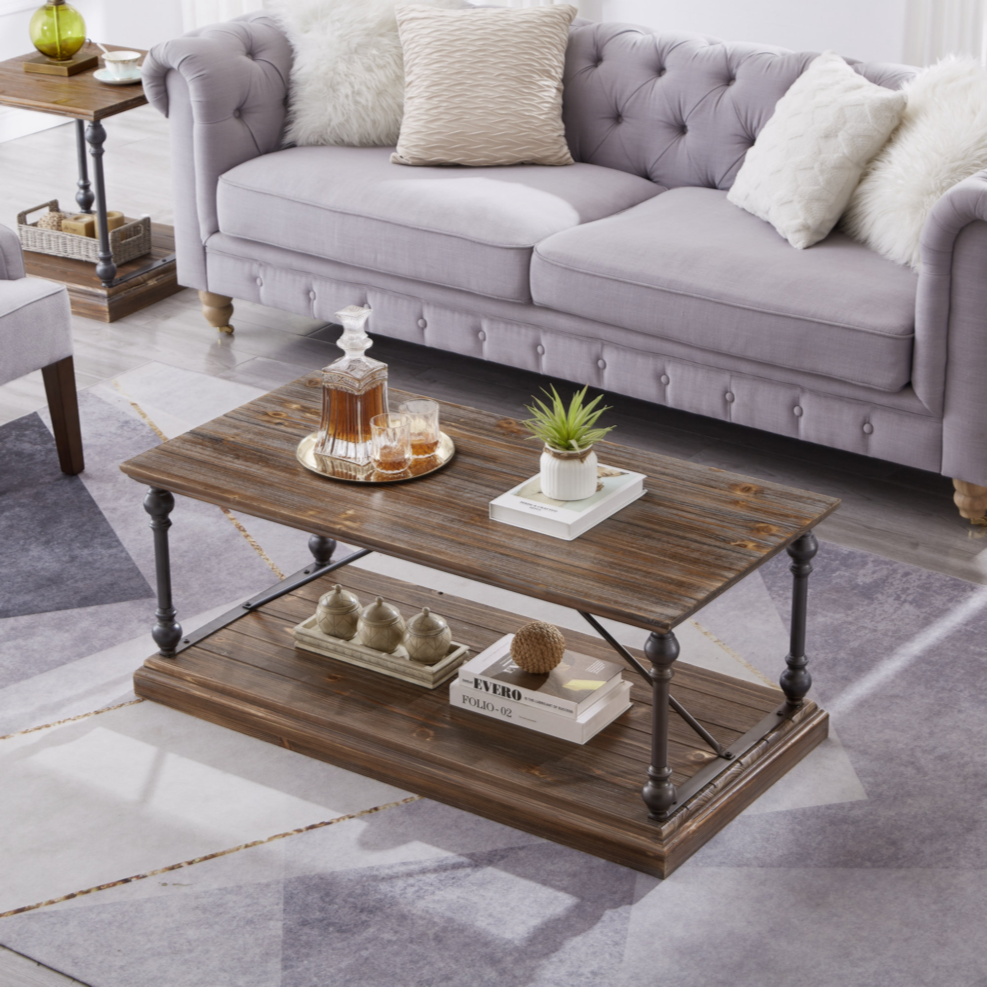 Millwood Pines Square Coffee Table, Solid Wood Desktop Metal Stand ...