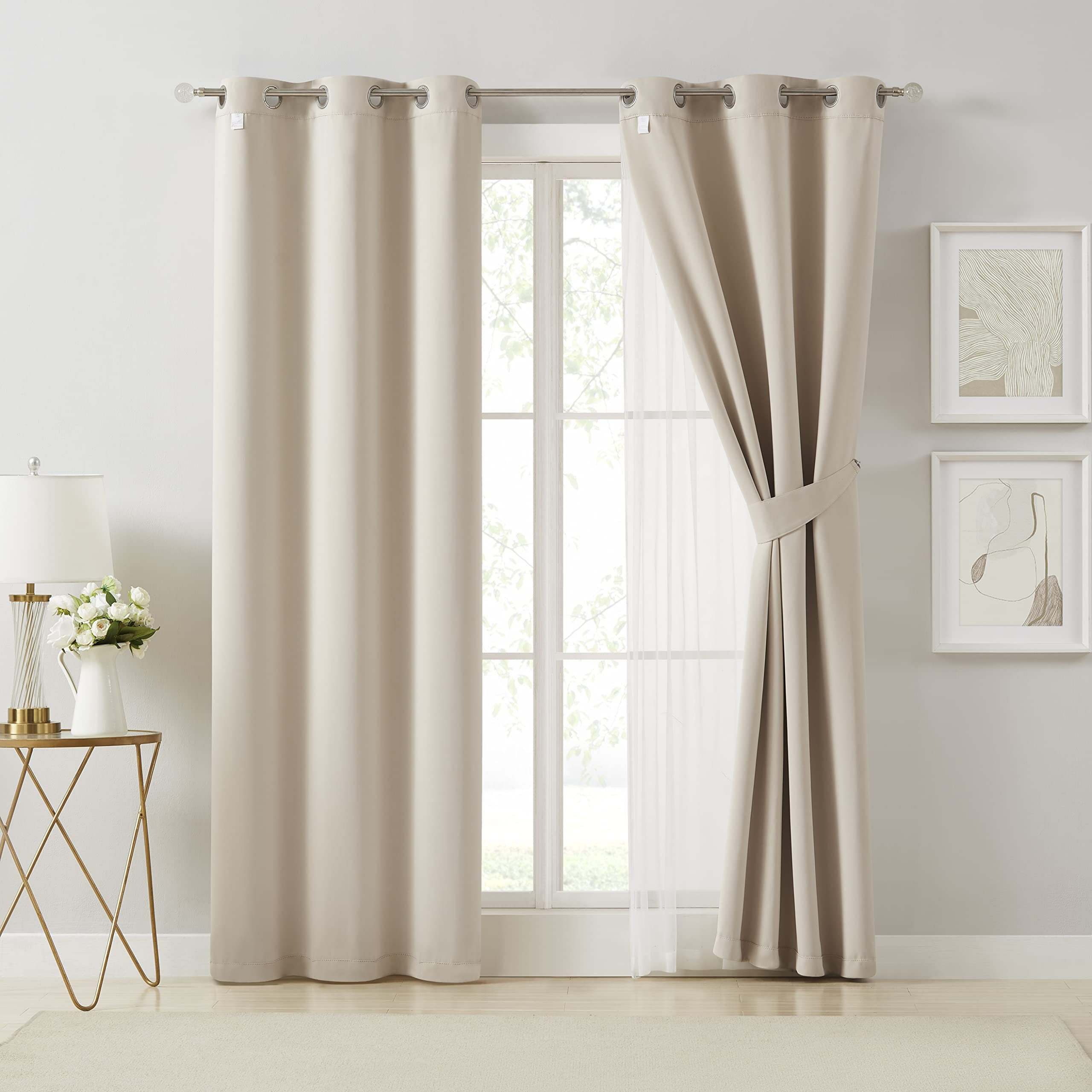 Hokku Designs Beige 90% Blackout Curtains With Sheer Overlay Mix And ...