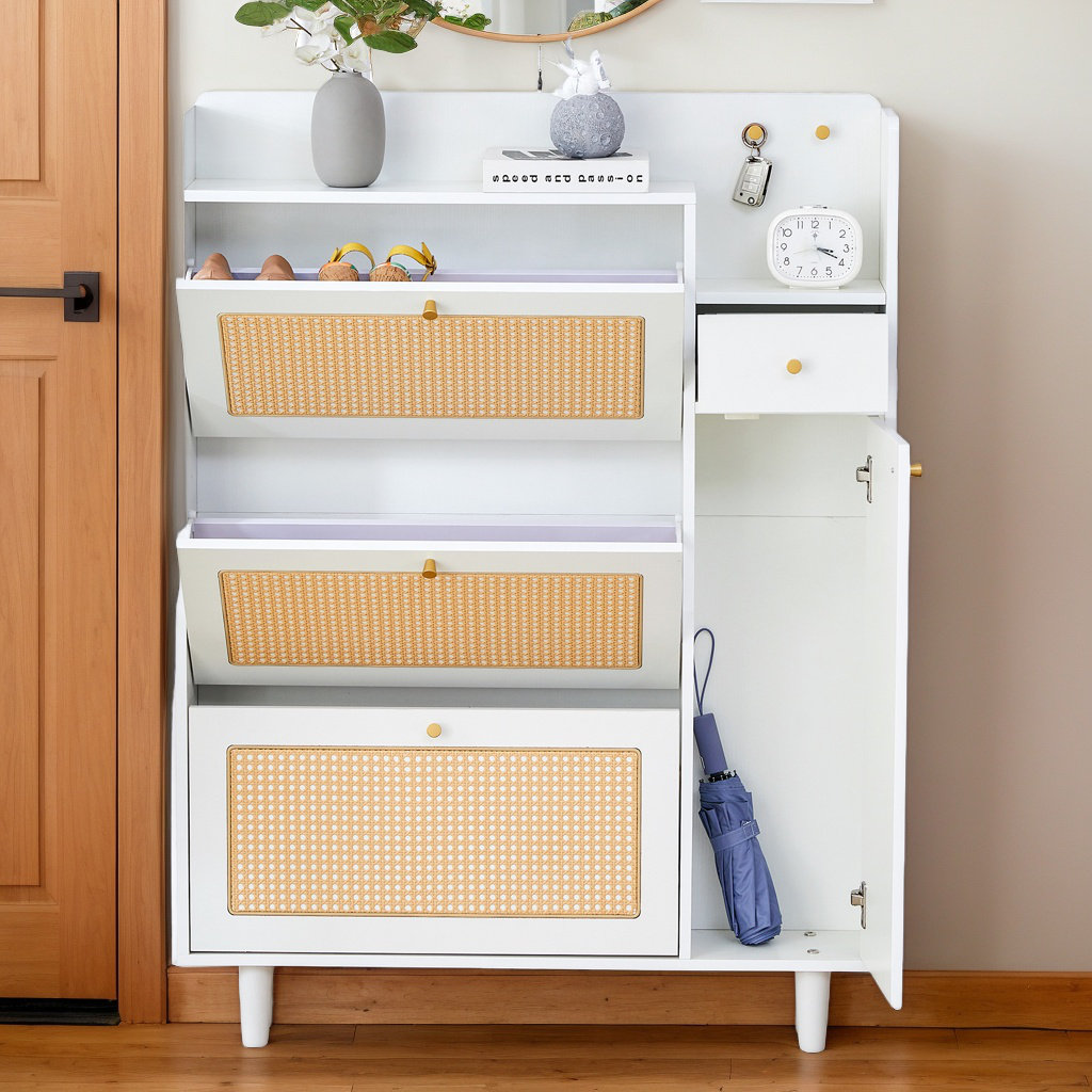 Bayou Breeze Rattan Shoe Cabinet With 3 Flip Drawers, Freestanding ...