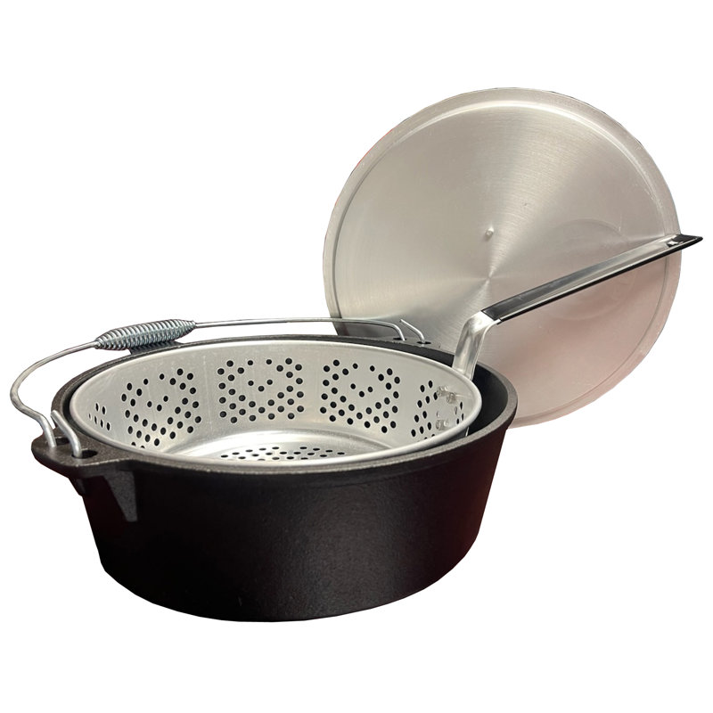 King Kooker 6 Qt. Seasoned Cast Iron Pot with Aluminum Lid and Basket ...
