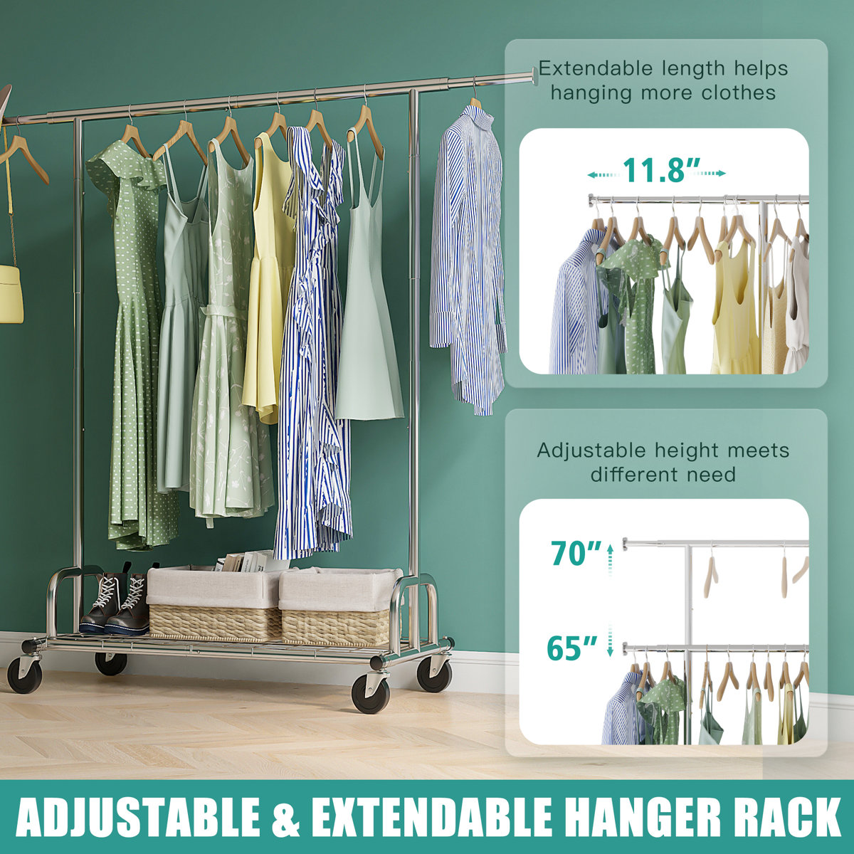 Rebrilliant Mardelle 460 LBS Clothes Hanging Rack Metal Clothes Rack ...