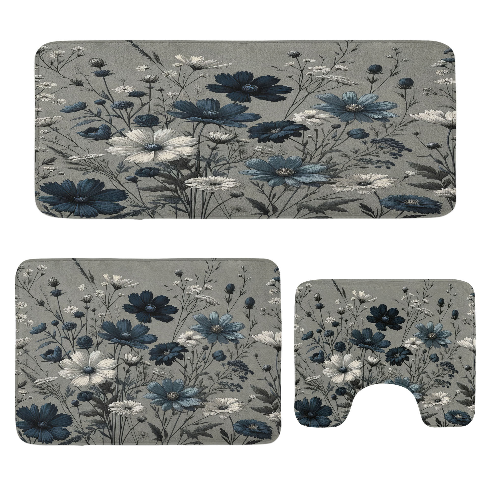 East Urban Home Navy Blue Bathroom Rug Set 3 Pieces U-Shape & Rectangle ...