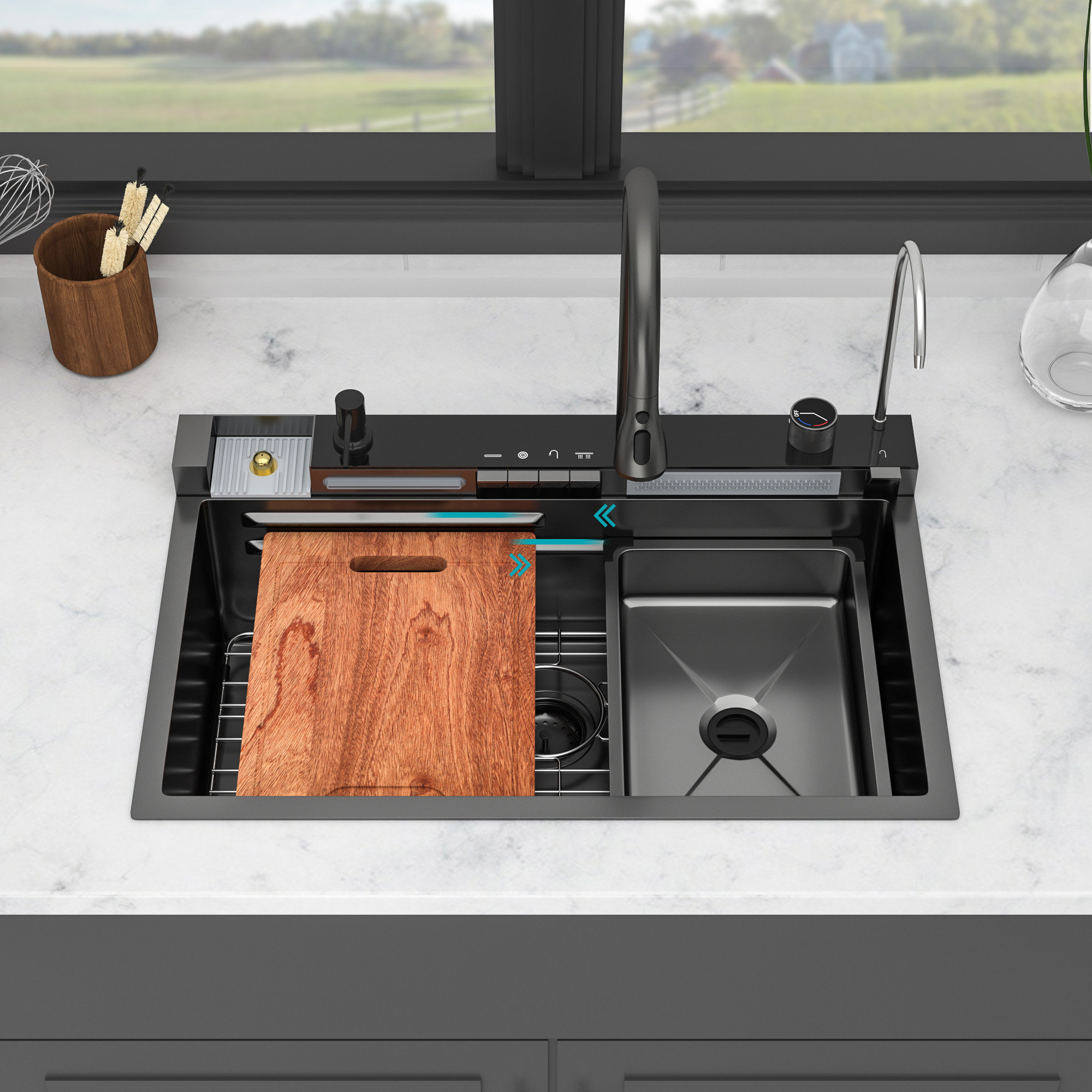 Ceballos 30" Gunmetal Black Kitchen Sink Whale Digital Waterfall Sink ...