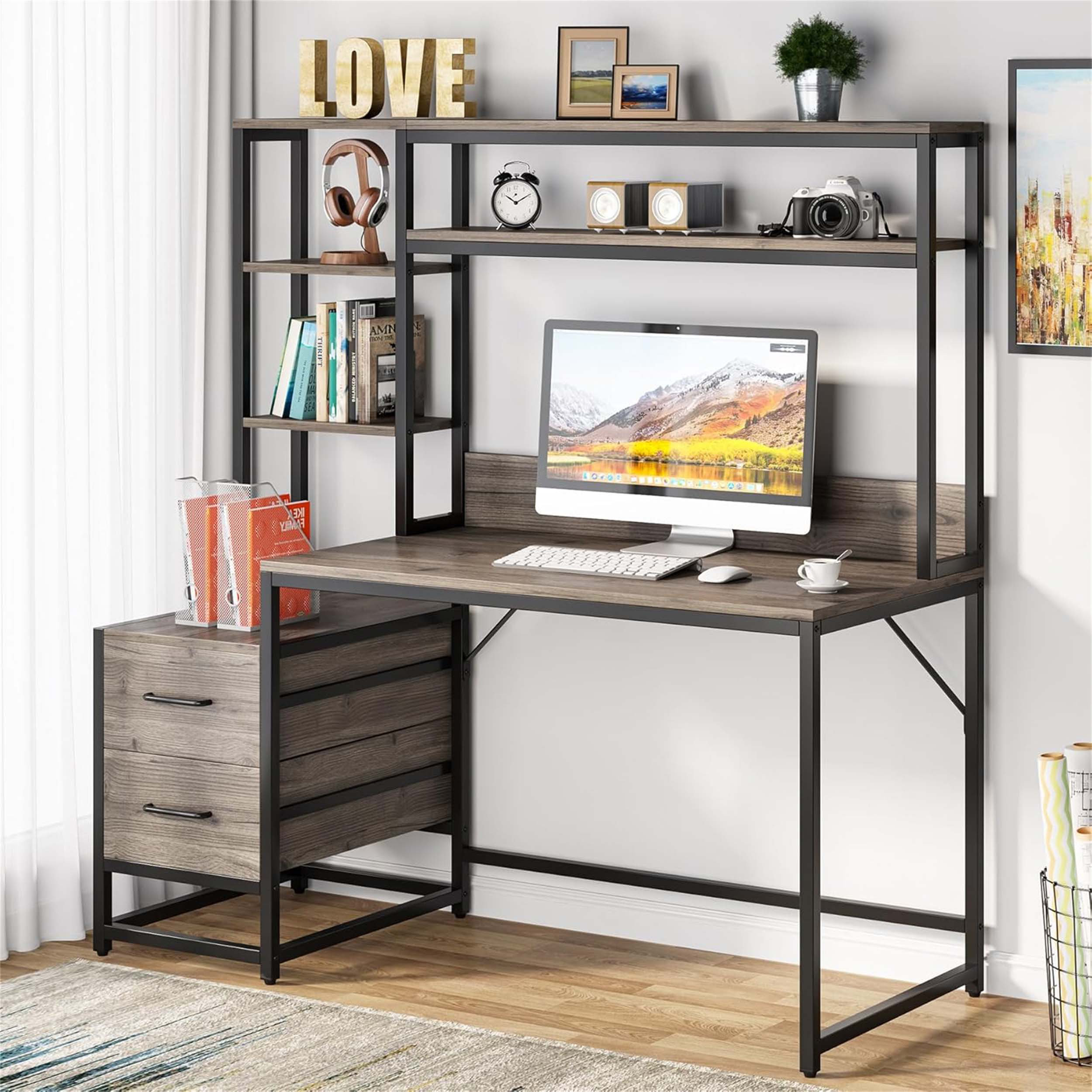 Latitude Run® 55 Inches Grey Computer Desk with Hutch, 2 Drawers & Open ...