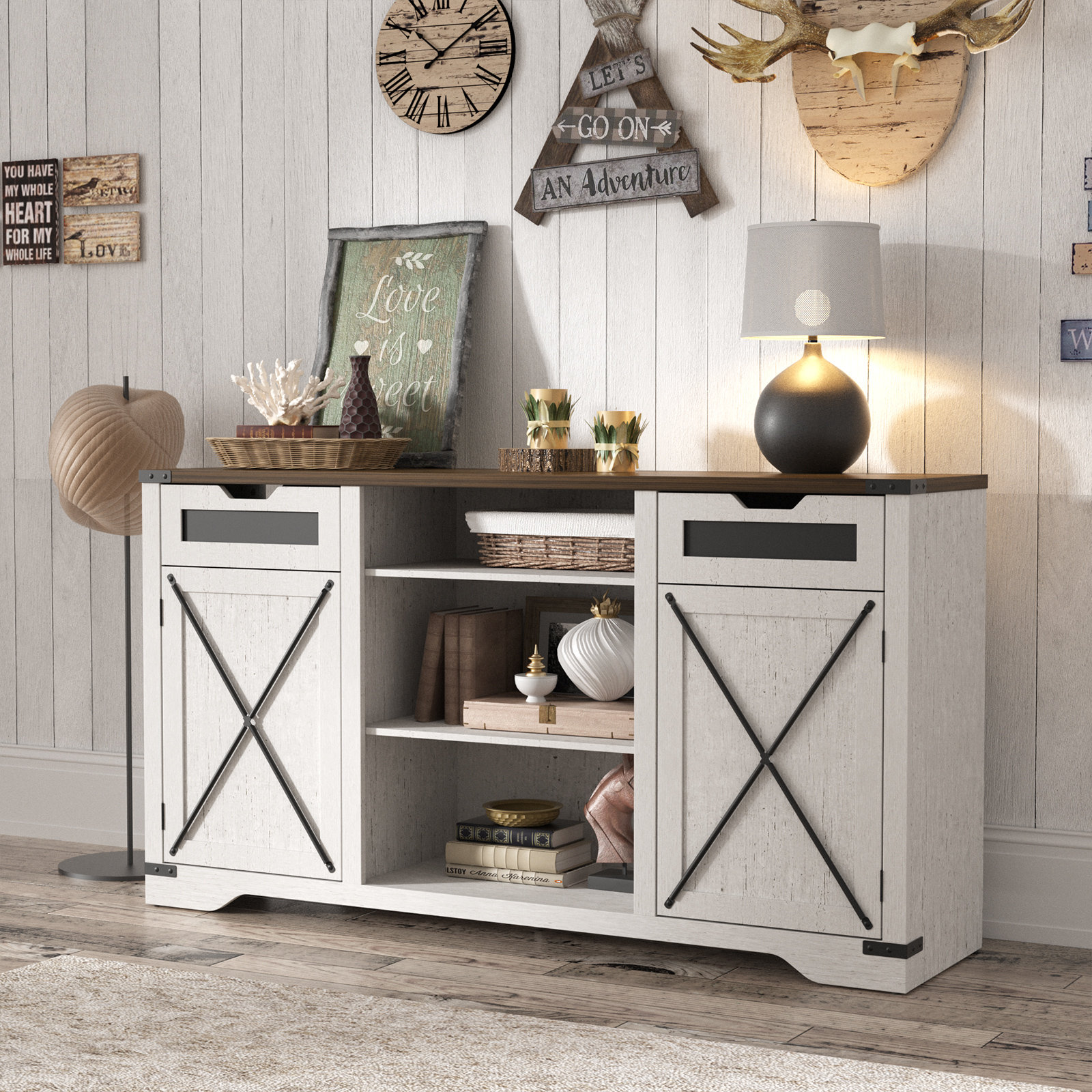 Gracie Oaks Farmhouse Tv Stand, Antique White Long Media Console Table ...