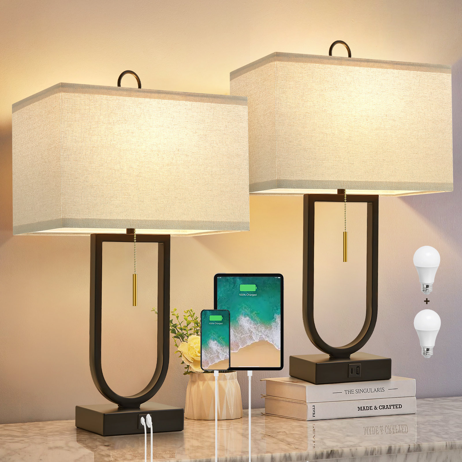 Ivy Bronx Cealie 24'' Table Lamps Set of 2, 3-Color Temperature, USB C ...