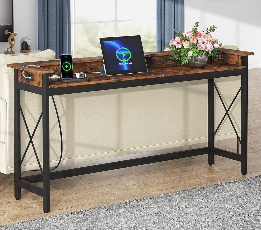 17 Stories Console industrielle extra longue avec prises de courant et ...