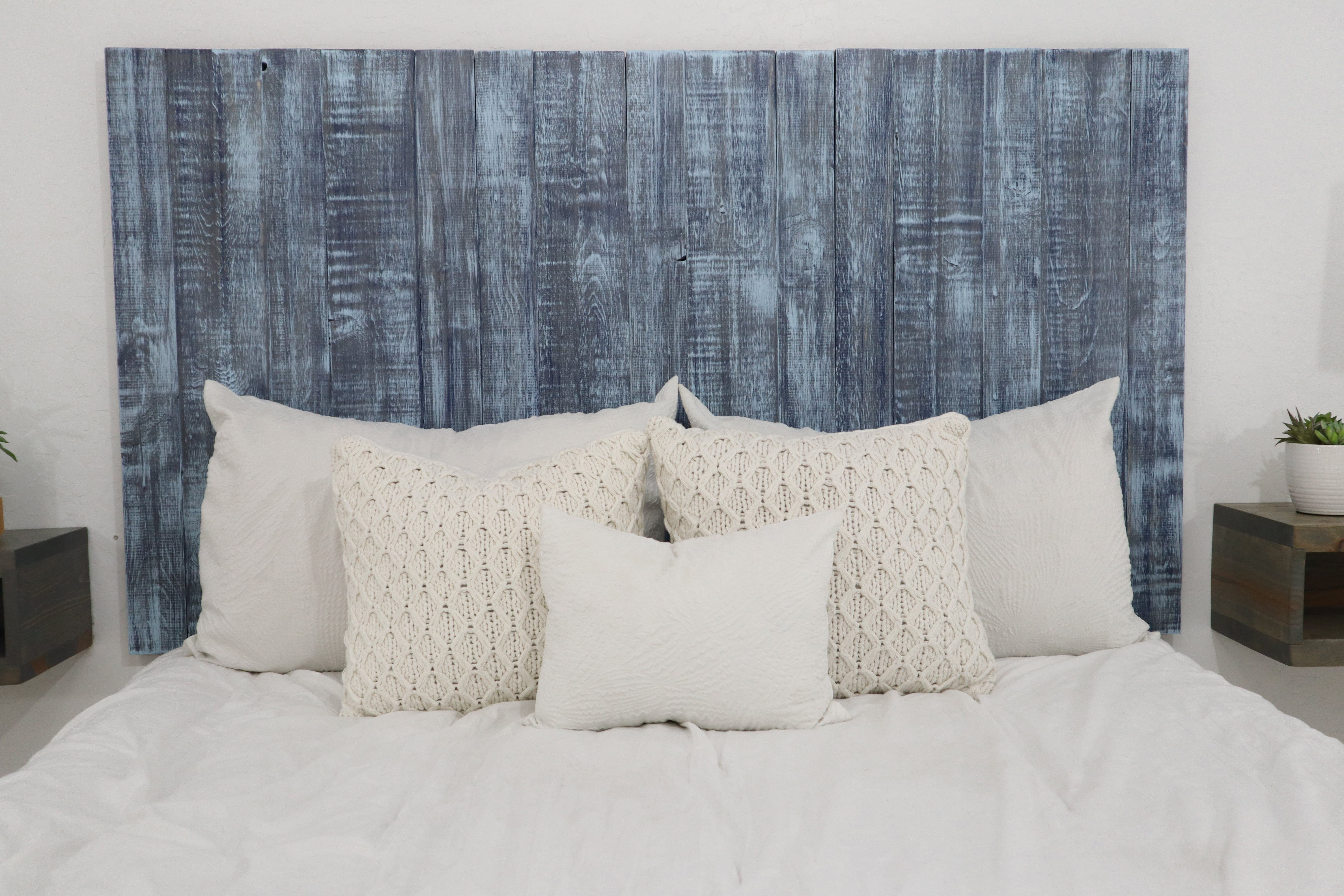 Gracie Oaks Nai Floating Headboard Solid Wood Wall Mount Blue Stonewash ...