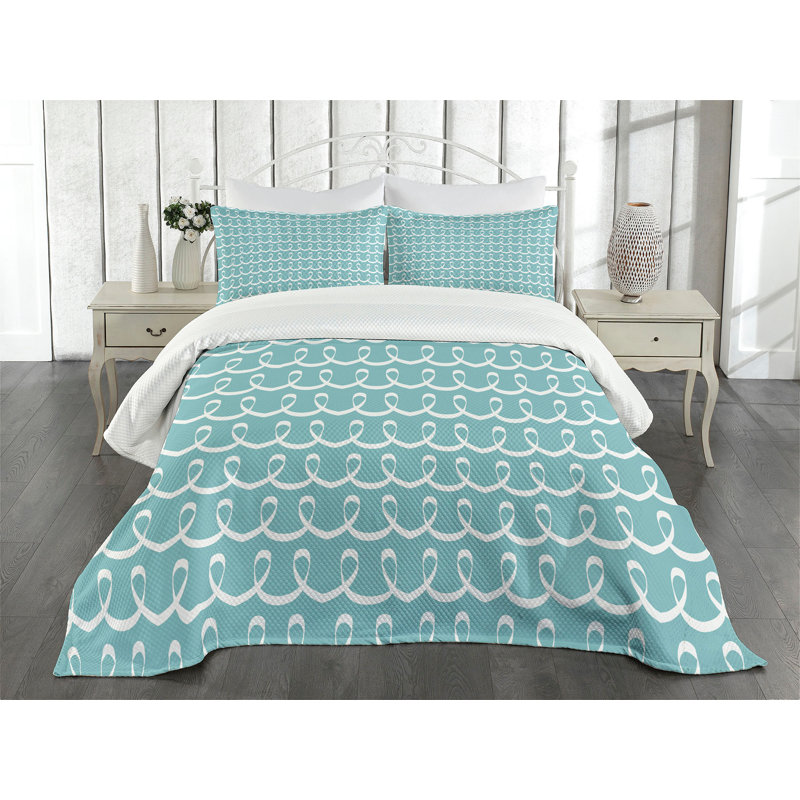 Ambesonne Turquoise Bedspread Set 3 Pcs Sea Life Curved Lines Queen ...