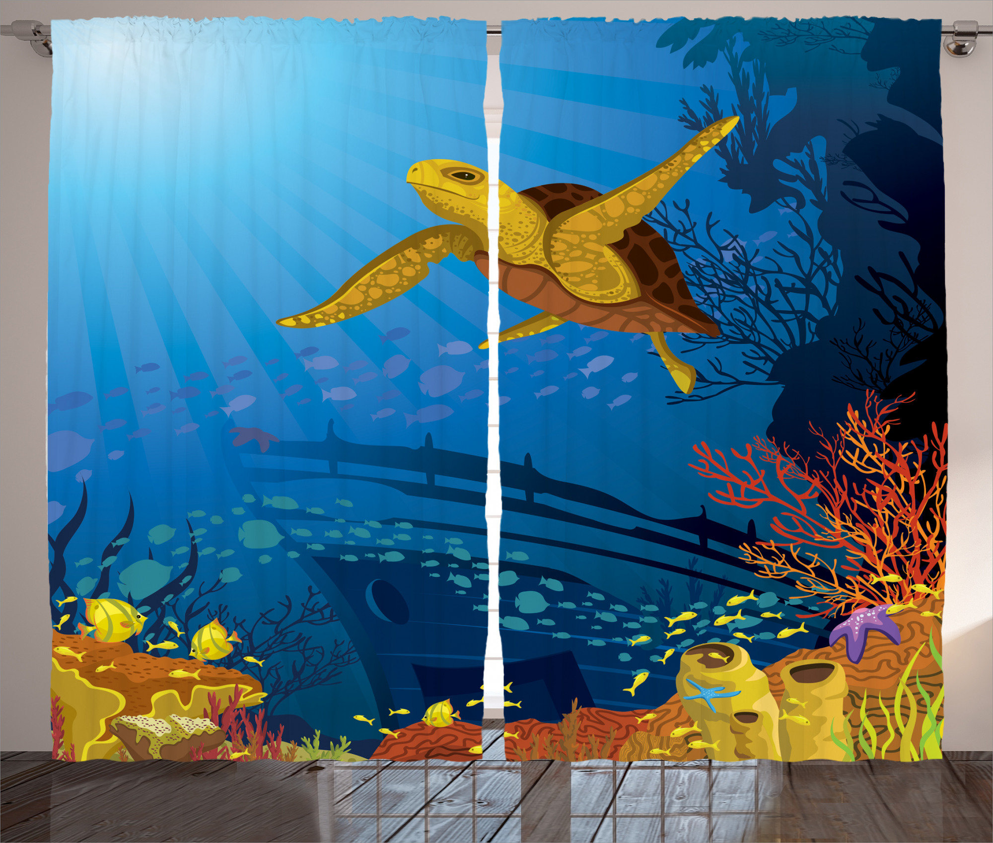 East Urban Home Lecresha Coral Reef with Silhouette Fish and Turtle ...