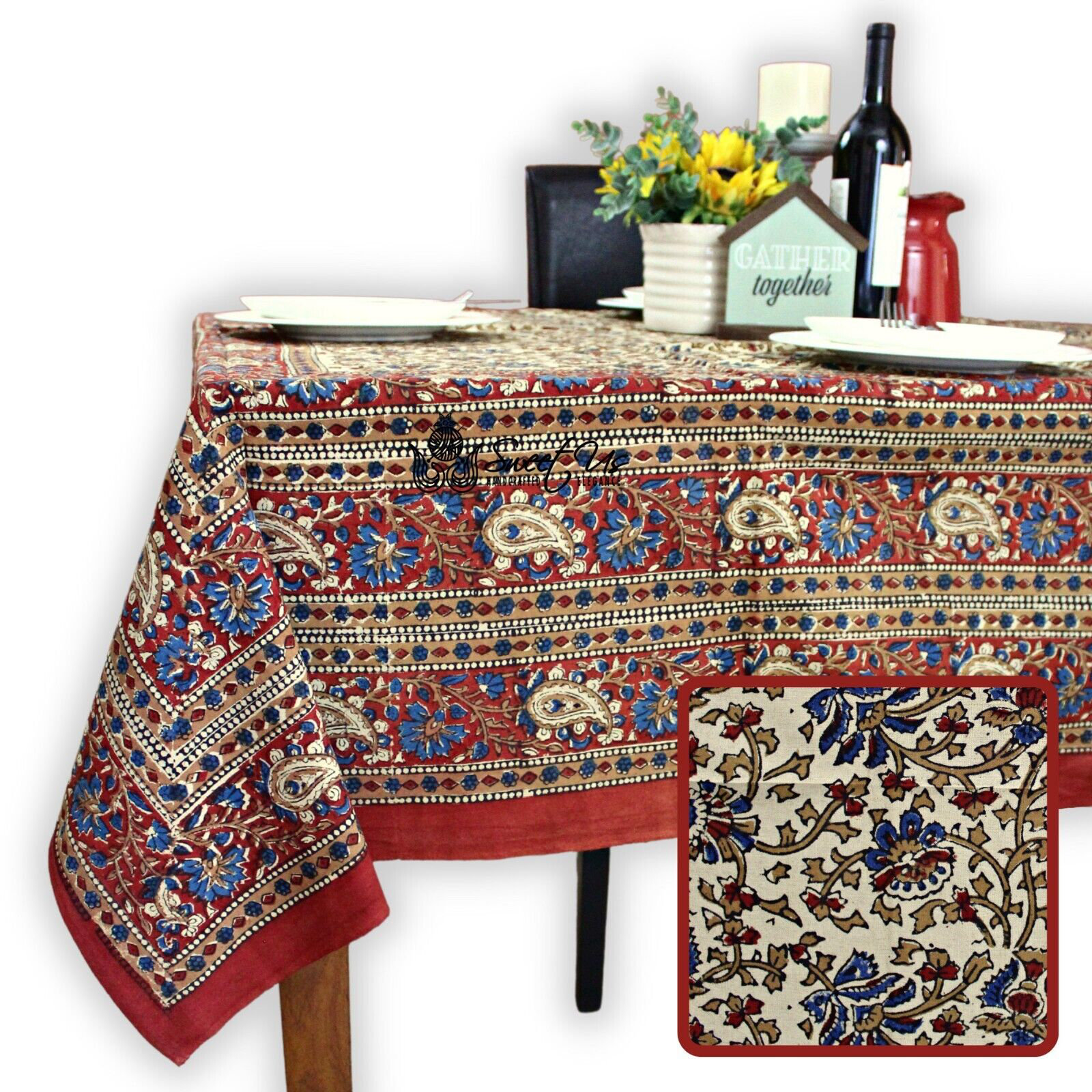 Bungalow Rose Block Print Floral Paisley Tablecloth Rectangle Beige ...