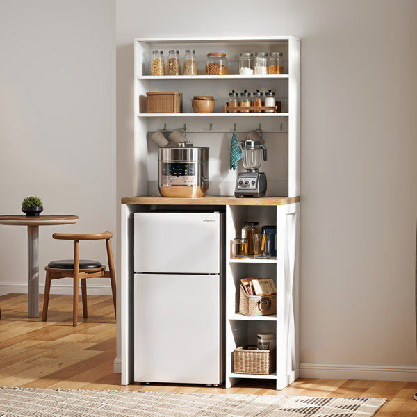 Gracie Oaks Bakers Rack Mini Fridge Cabinet Stand With Power Outlet ...