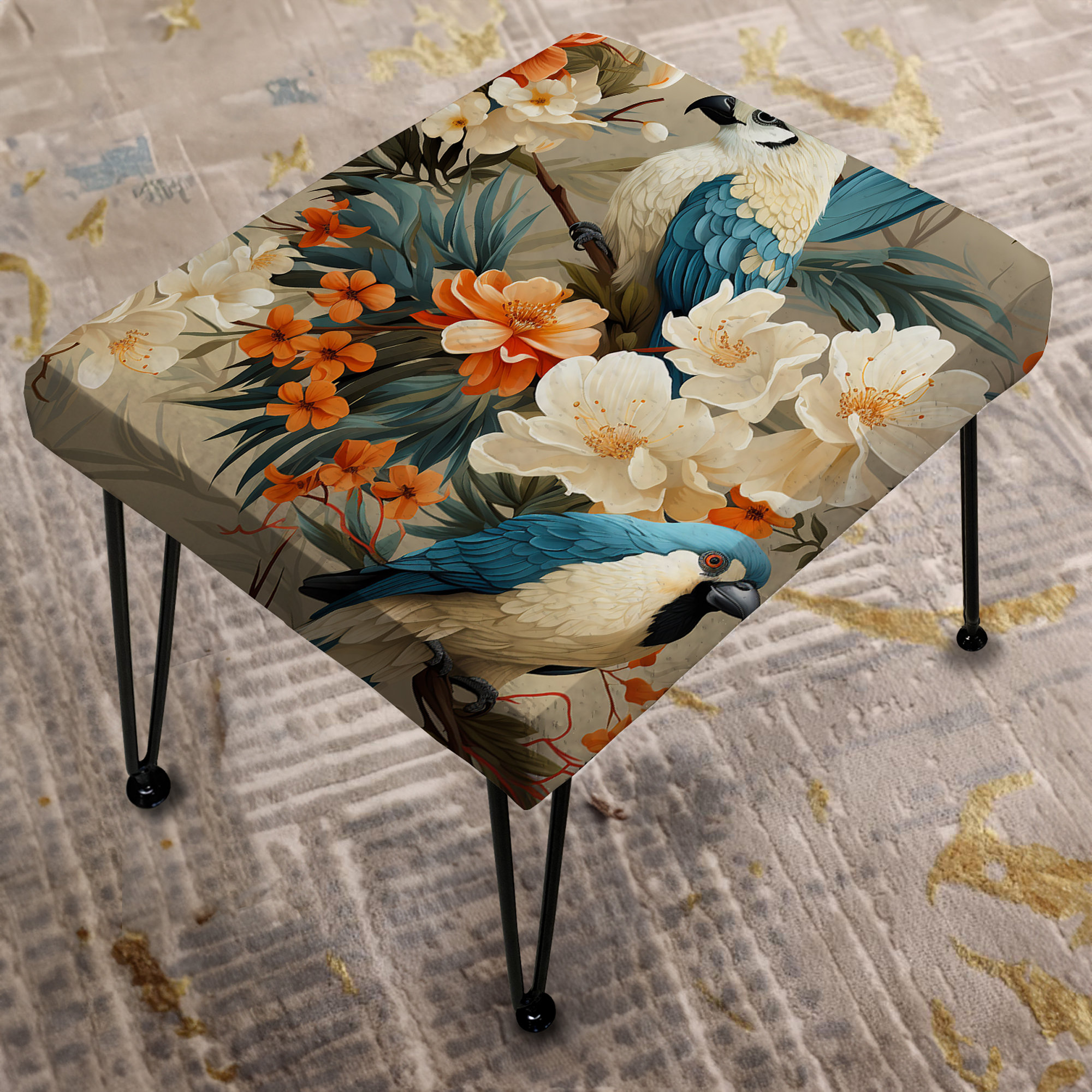 Design Art Playful Floral Tropical Birds - Floral Rectangle Ottoman ...