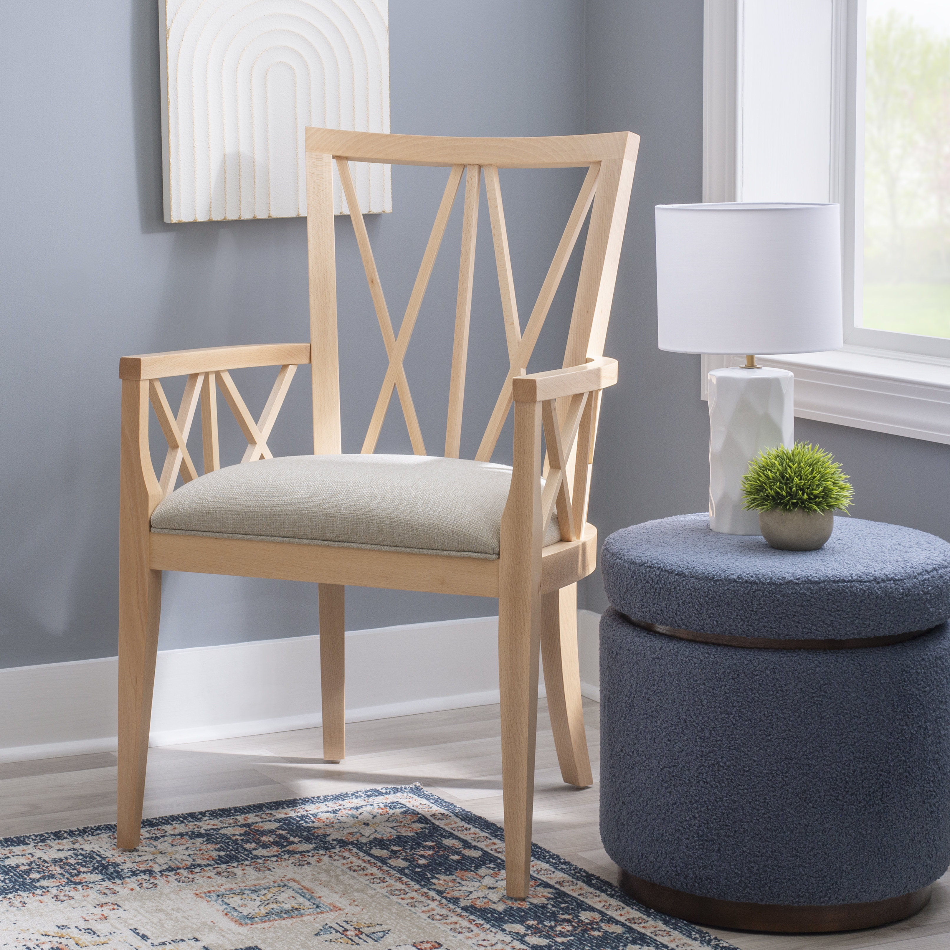 Gracie Oaks Alexa Cross Back Arm Chair With Upholstered Padded Seat ...